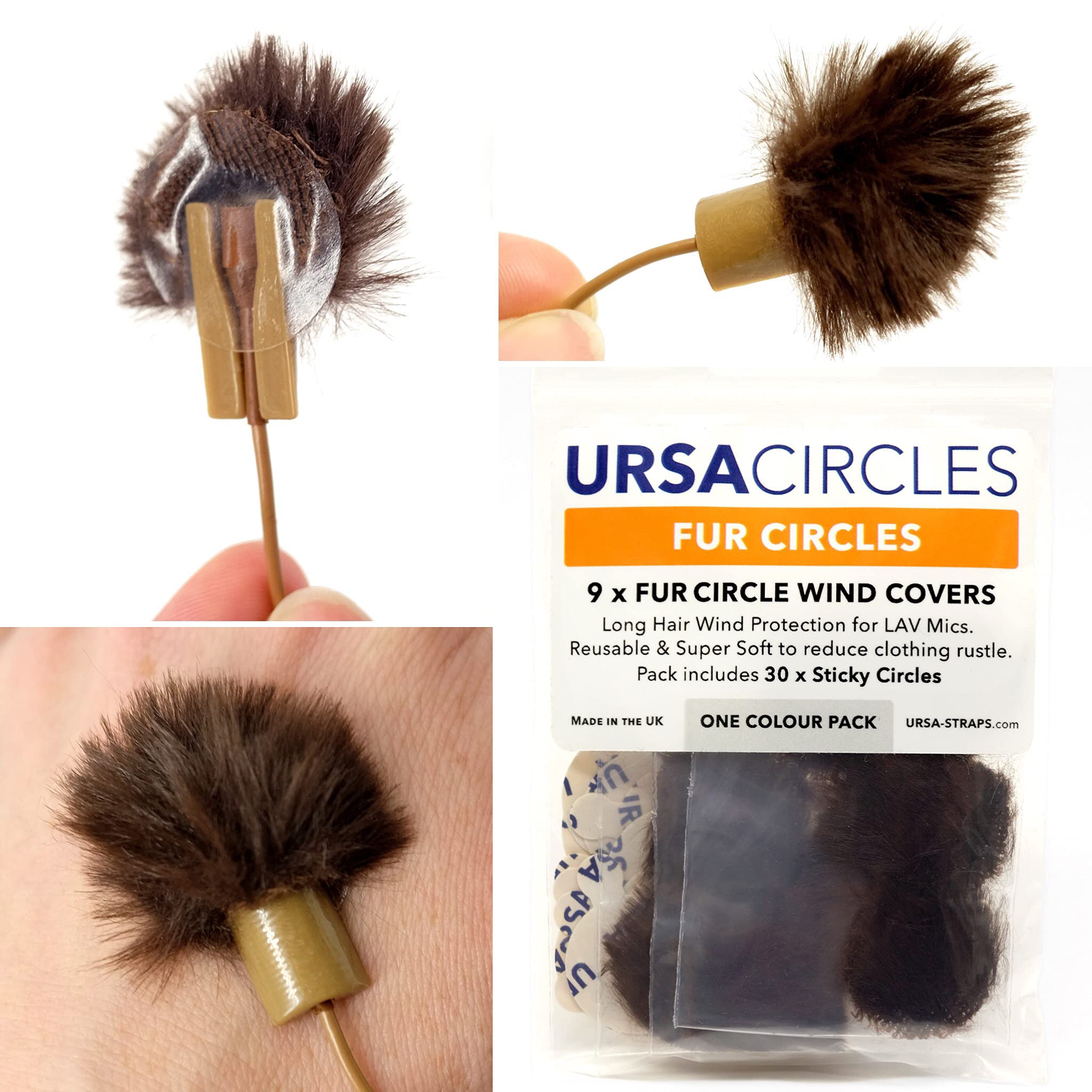 URSA Fur Circles - Mini Windshields for Lavalier/Lapel Microphones. Reduce Wind Noise & Clothing Rustle. Compatible with Sennheiser, RODE, Sanken, Tascam & More (9x Circles + 30x Stickies, MultiPack)