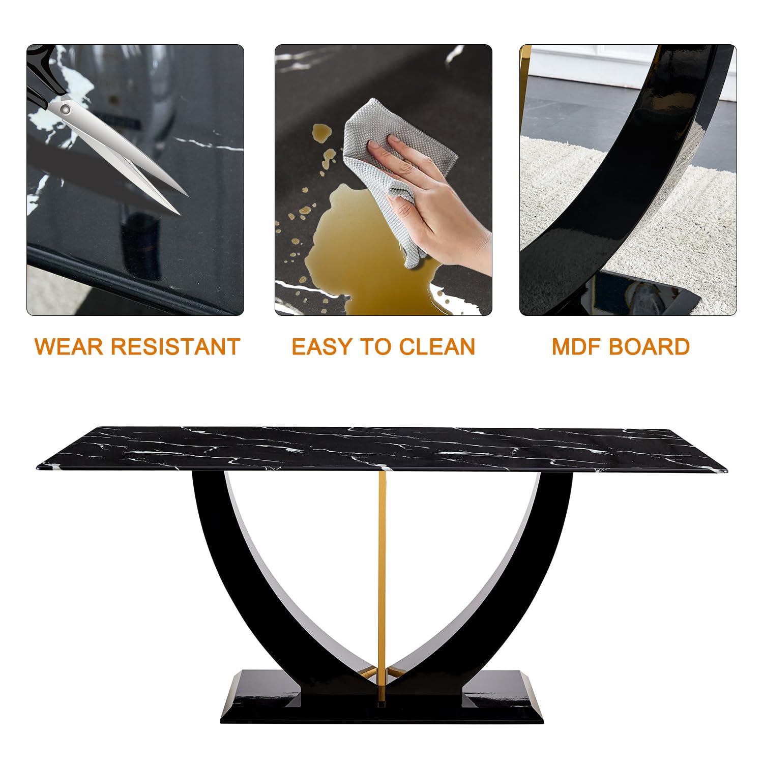 JUFU 71" Modern Dining Room Table Set for 6, Black Marble Faux Kichen Table Set with U-Shaped Base,Luxurious Rectangular Diner Table ANG Leather Dining Chairs with Golden Legs