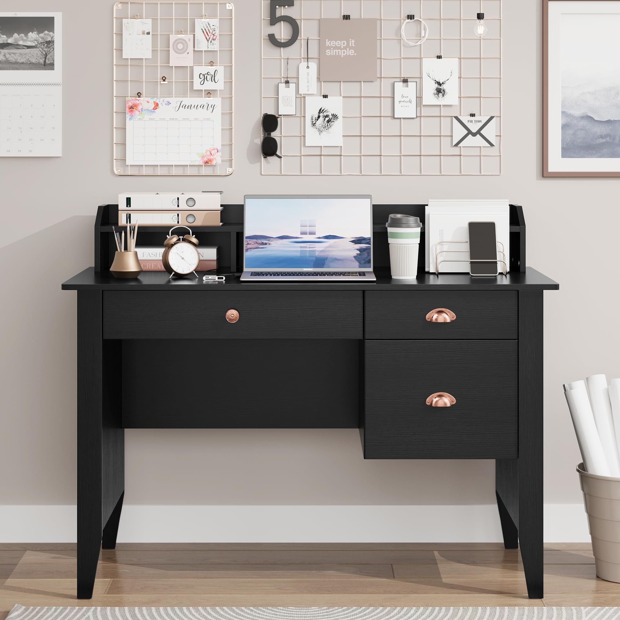 TTVIEW Computer Desk with Storage Drawers & USB Charging Port, Home Office Executive Desk with Hutch Shelf and File Drawer, Writing Study Table with 47" Wide Tabletop for Small Spaces, Black