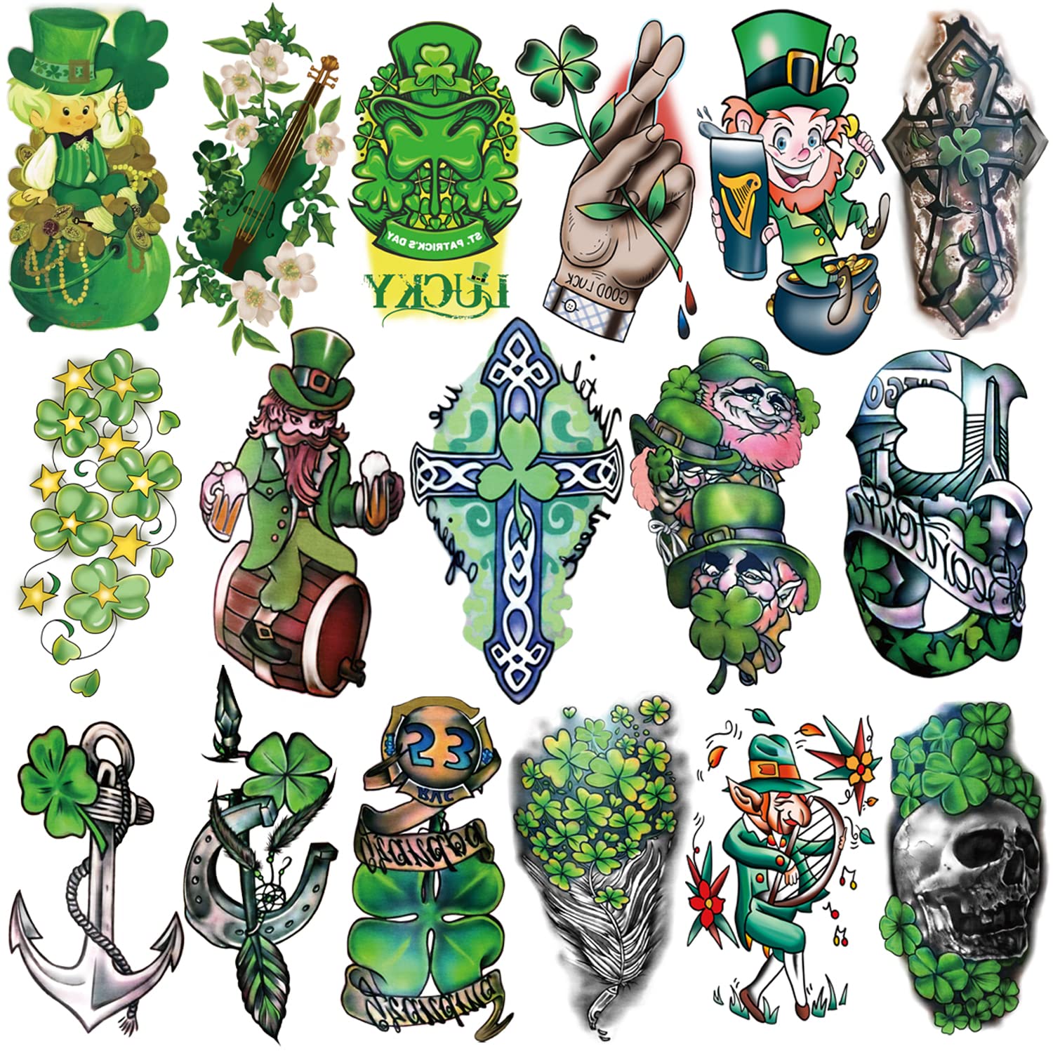 Yazhiji 77sheets St Patricks Day Temporary Tattoo for Girls or Boys 17sheets Larger Half Arm Shamrock Patterned Waterproof Tattoos Stickers for Men or Women And 60 sheets Face Clover Kids Tattoos