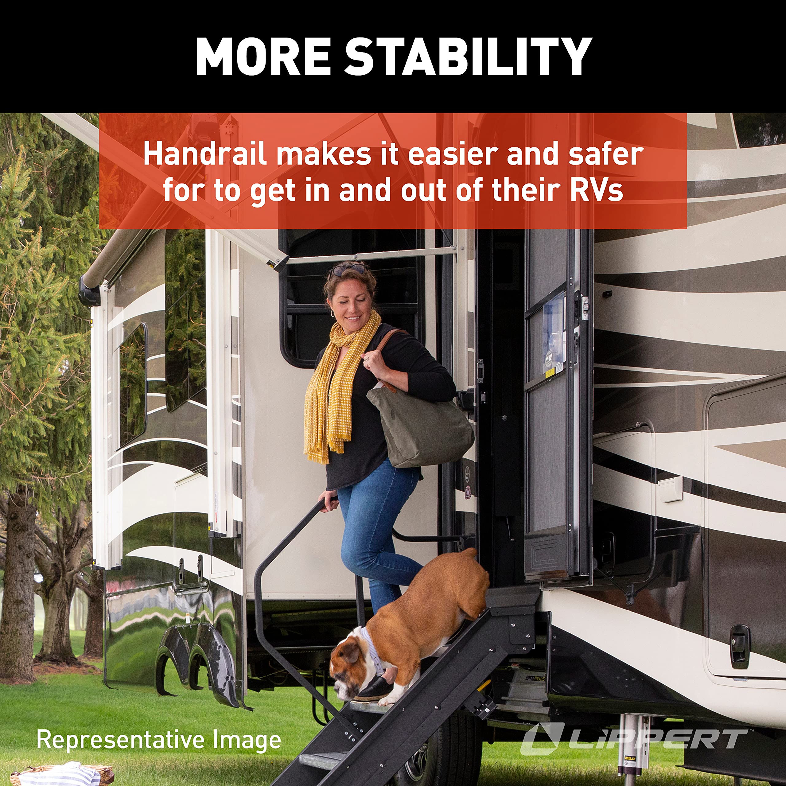Lippert Solid Step Entry Assist Handrail, Accommodates Door Widths up to 36”, Easy Installation, Locking Pins for 5” Adjustment, for 5th Wheel RVs, Travel Trailers, Motorhomes - 799640, Black