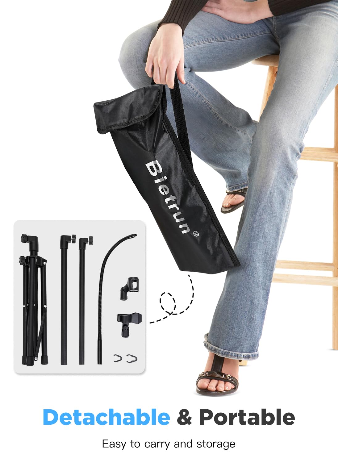 Mic Stand, Bietrun Metal Gooseneck Boom Arm Mic Stand Tripod, Height&360° Adjustable, with Carrying Bag & 2 Mic Clips,Compatible with Wireless Mic&Wired Mics for Singing/Wedding/Church/Stage/Party