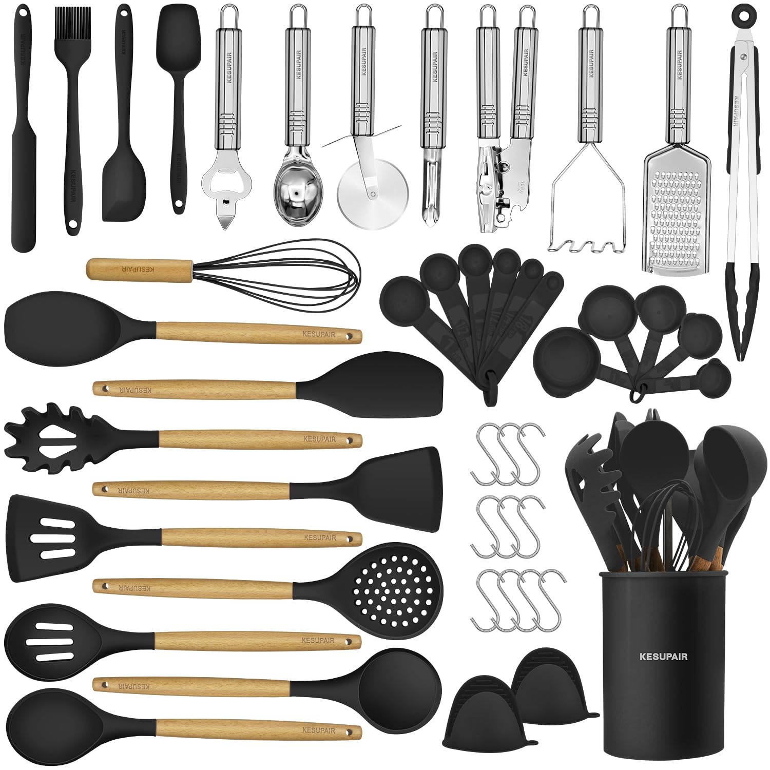 KESUPAIR Silicone Kitchen Utensils Set, 46 pcs Cooking Utensils Set-Silicone Spatula Set- Kitchen Gadgets and Tools with Holder-Wooden Handle Silicone Kitchen Utensil with Tongs,Grater (Black)