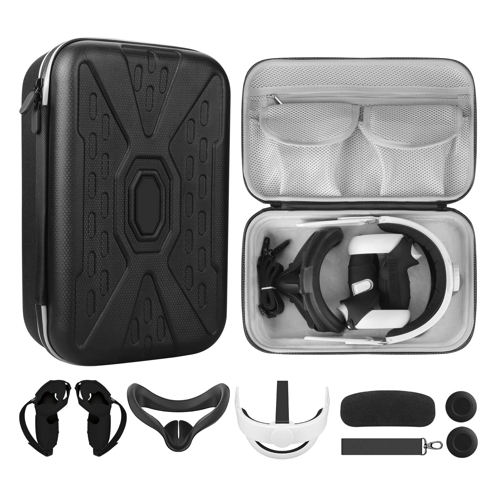 MASiKEN All-IN-One Accessories Bundle Compatible For Meta/Oculus Quest 2 - Head Strap,Face Cushion,Controller Covers,Lens Spacer Enhance Comfort, Crossbody Carrier Case Travel Kit