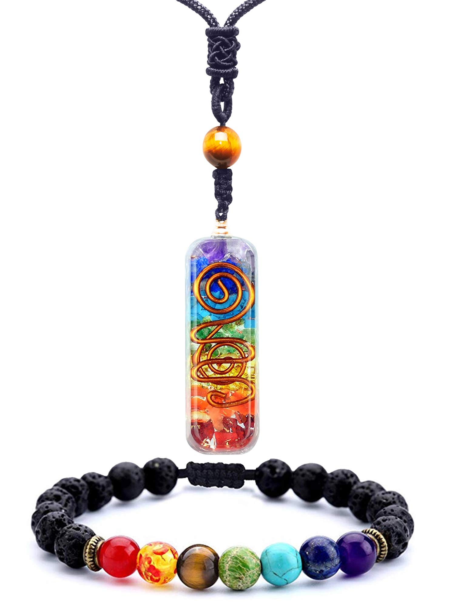M&N Jewelry Designs Crystals and Healing Stones - 7 Healing Energy Chakra Stones, Natural Tiger Eye, Adjustable (Necklace and Bracelet)