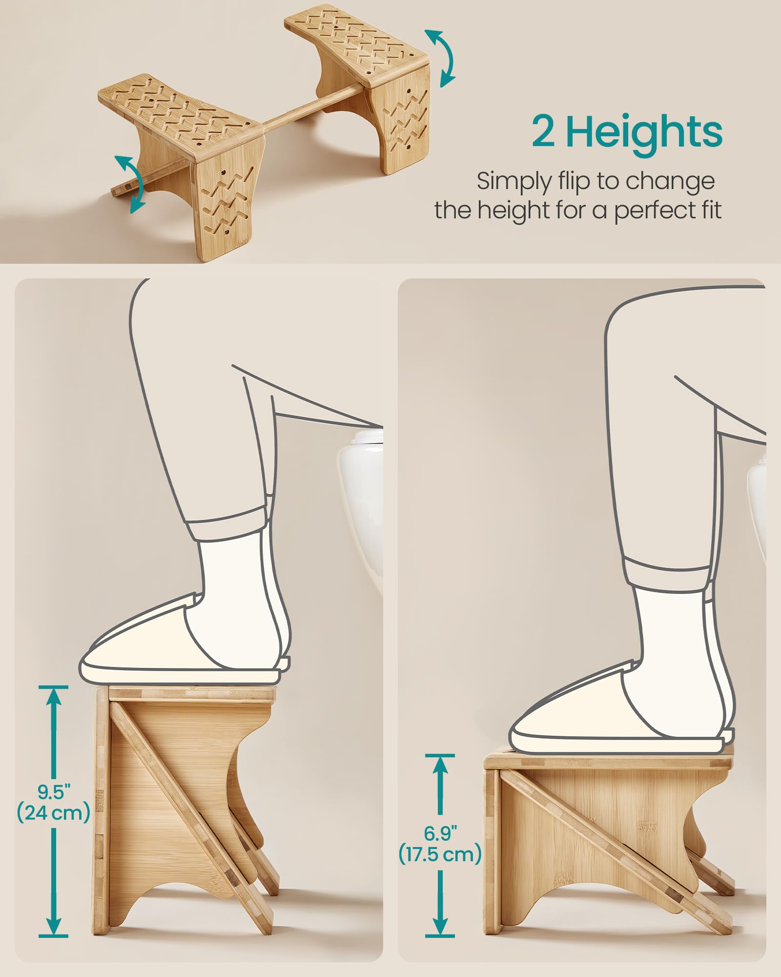 SONGMICS Bamboo Toilet Stool, Adjustable Poop Stool with Non-Slip Grooves, Height Convertible to 6.9 or 9.5 Inches, Squat Potty Stool for Bathroom, Space-Saving, Natural Beige UBCB111N01