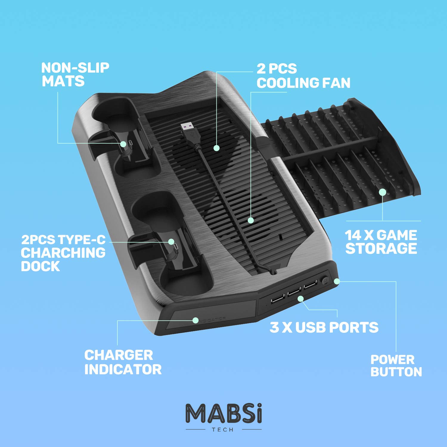 Mabsi Tech PS5 Cooling Station, Stand Fan for Playstation 5, Vertical Cooling Fan Station PS5 and Charger Dock Station and 14 Game Slots