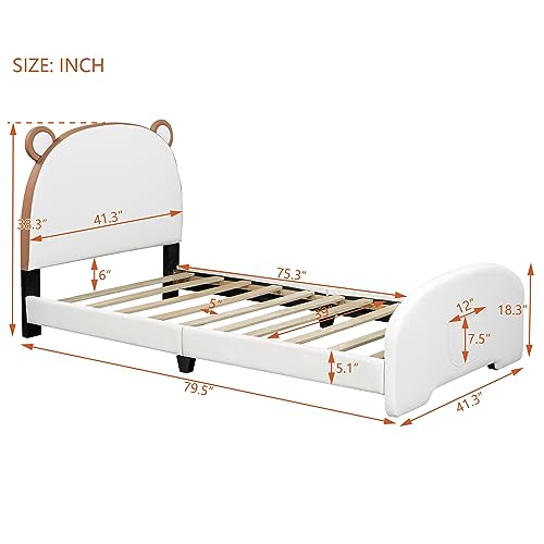 Twin Platform Bed Frame, Platform Bed for Girls Boys, Modern PU Leather Upholstered Platform Bed with Bear-Shaped Headboard and Footboard, Noise-Free, No Box Spring Needed (White+Brown)