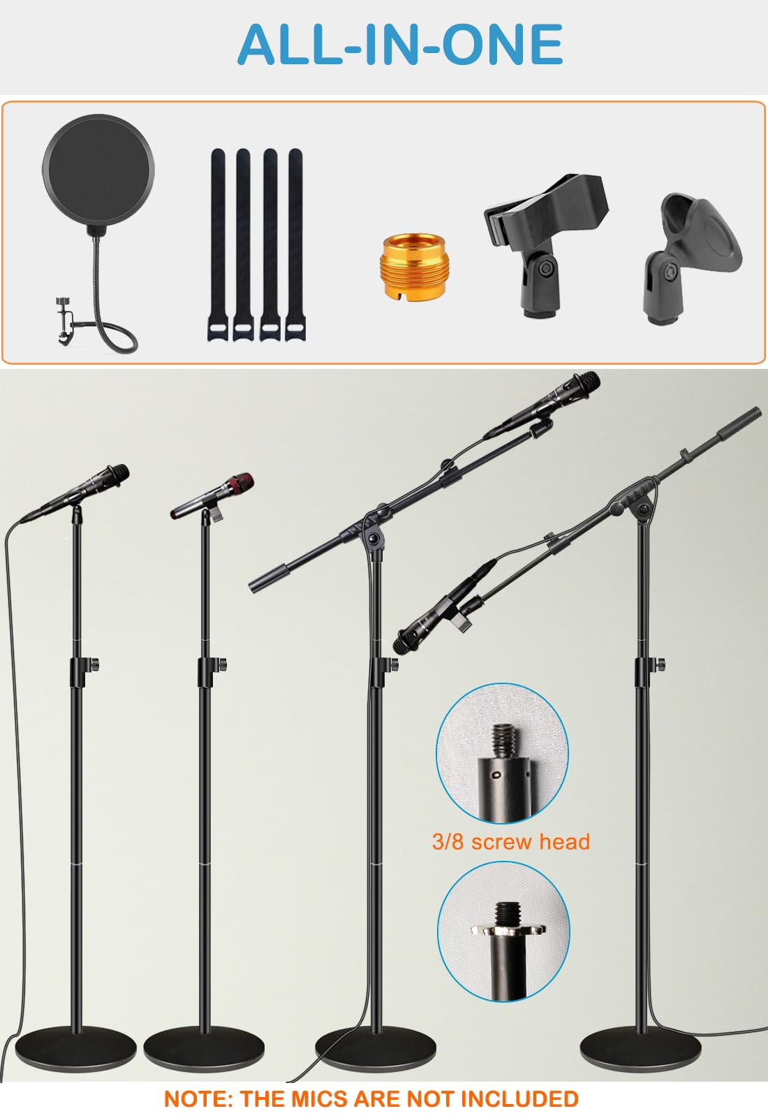 Microphone Stand, Detachable Weighted Round Base Mic Floor Stand with Boom Arm Pop Filter Mic Clips 3/8" to 5/8" Adapter Cable Ties, Height Adjustable from 48" to 63" for Snowball Blue Yeti