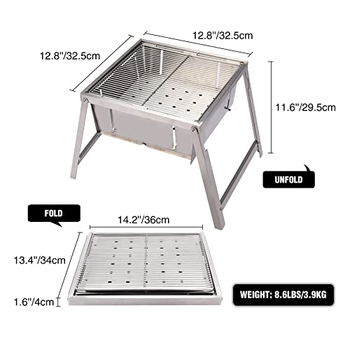 REDCAMP Pop up Camping Flatfold Fire Pit Portable & Wood Burning, 12.8" Folding Collapsible Stainless Steel Backpacking Grill Charcoal for Outdoor Cooking BBQ