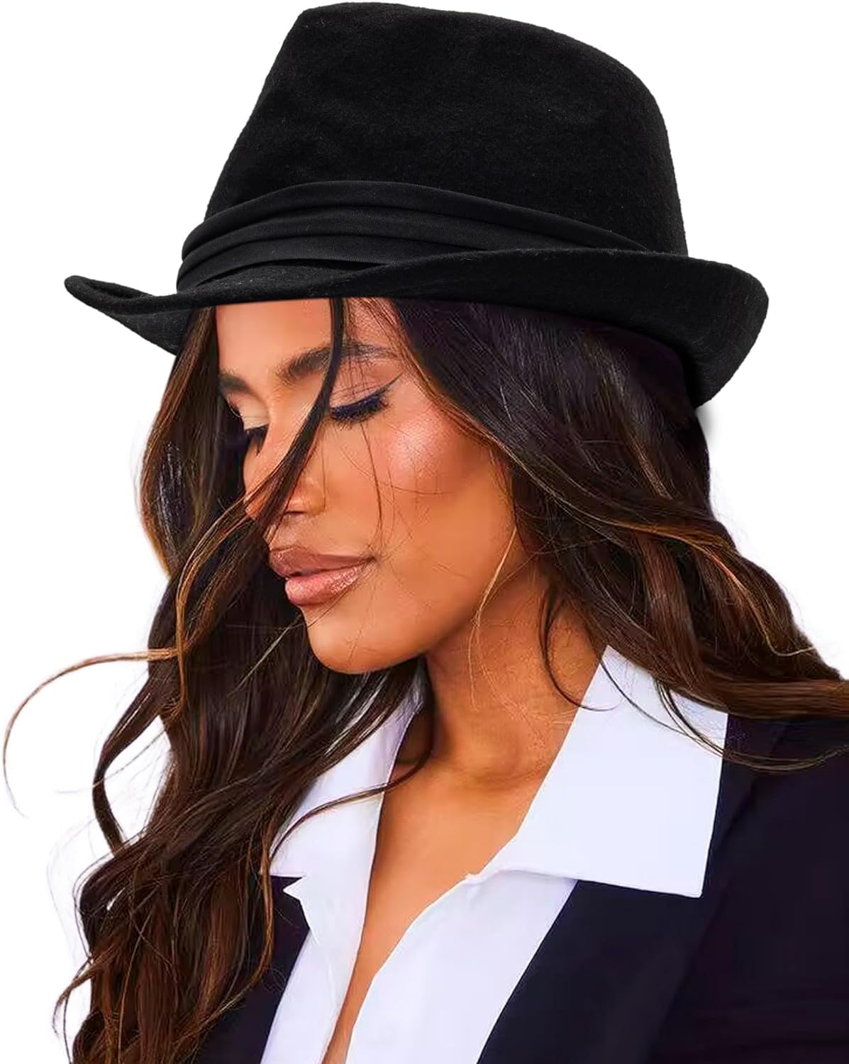 Men Classic Fedora-Hat Felt Manhattan-Gangster-Trilby with Band Unisex Women's Structured Trilby Fedora Hat(Size:S) (US, Alpha, Medium, Black)