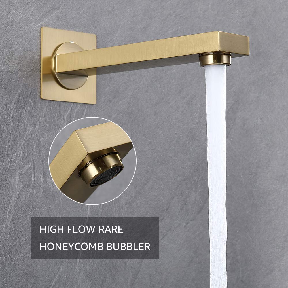 Iriber Ceiling Brushed Gold Rain Shower System with Waterfall Tub Spout 3 Function Shower Faucet Set Contain 12 Inch Shower Head and Handheld Brushed Brass Shower Trim Kit (Valve Included)