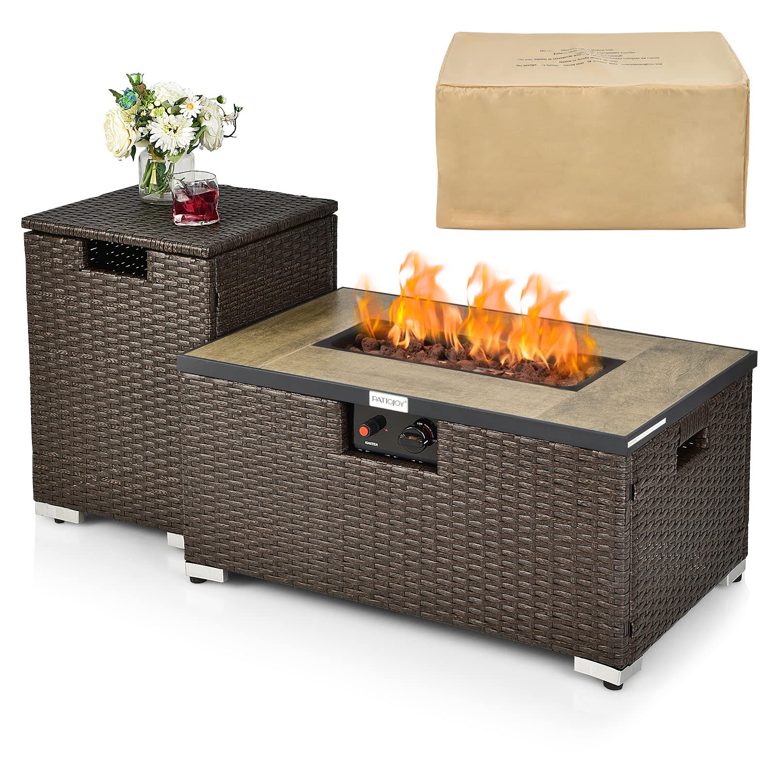 Tangkula 2 Piece Outdoor Propane Fire Pit Table Set with Hideaway Propane Tank Holder, Patiojoy 40,000 BTU Rattan Wicker Fire Pit Table with Lava Rocks, Waterproof Cover, Ideal for Backyard, Patio