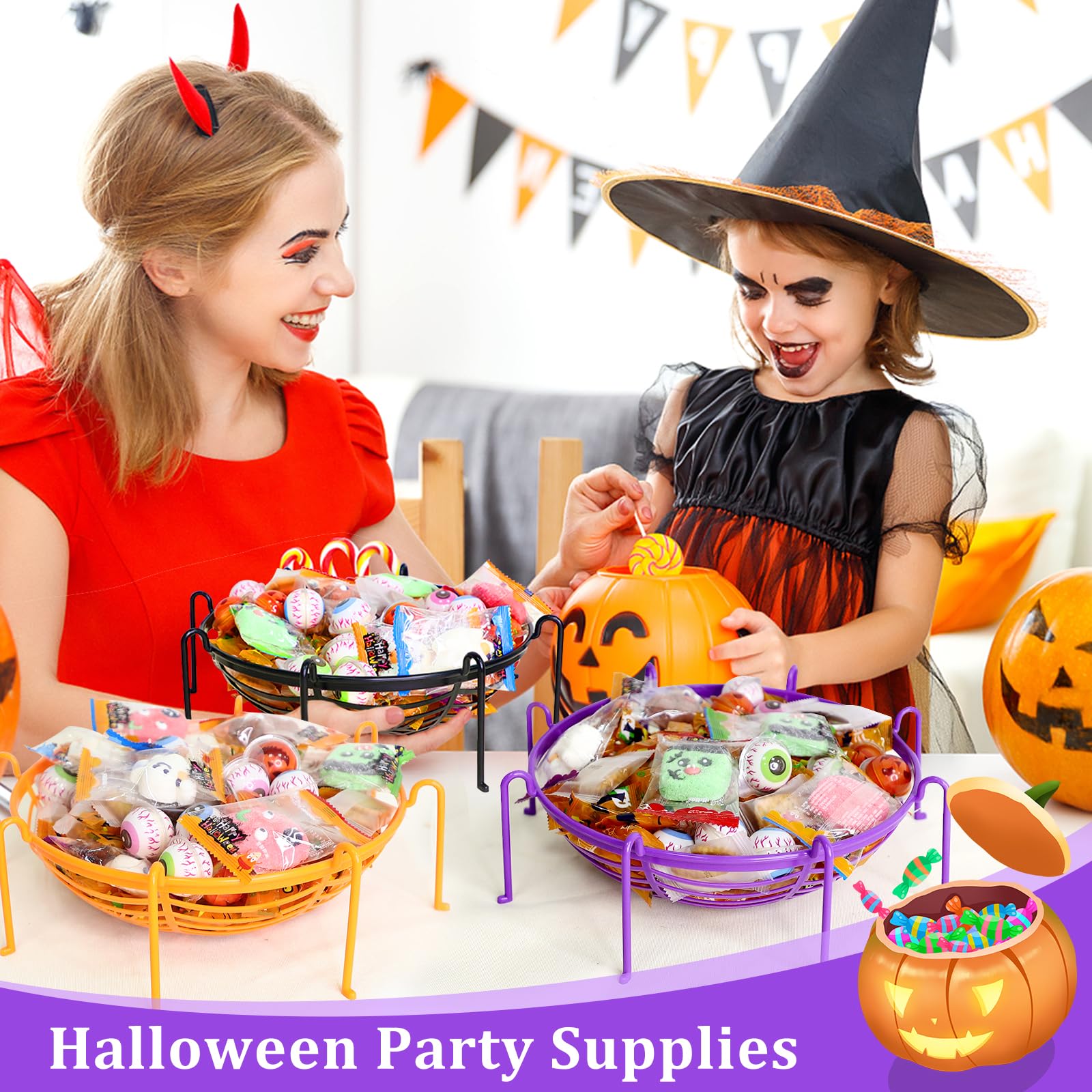 TURNMEON 6 Pcs 12.2 Inch Large Size Halloween Candy Bowls, Spider Web Bowls Halloween Decorations Black Orange Purple Halloween Bowls Trick Or Treat Halloween Candy Dish Party Table Desk Home Decor