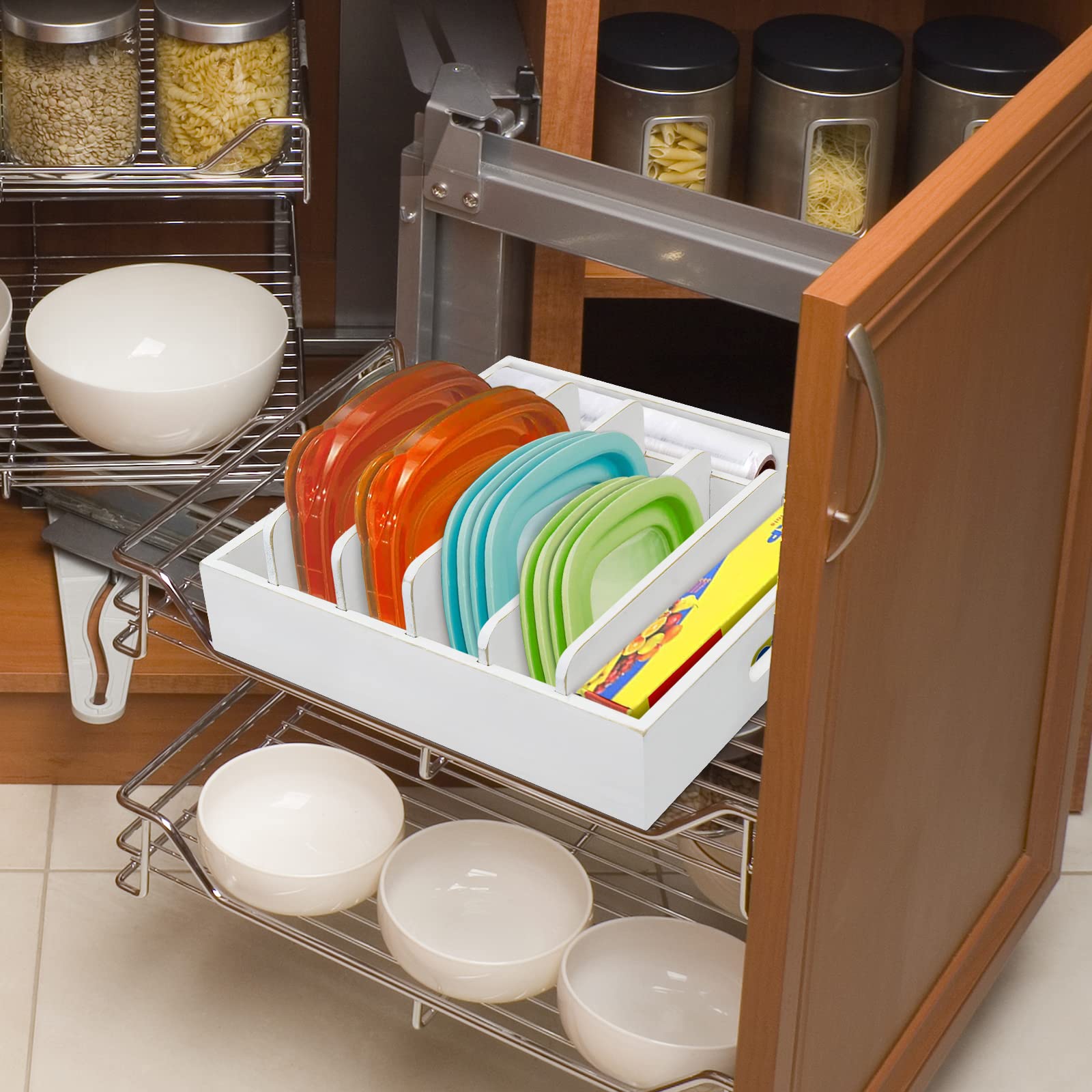 Lid Organizer for Plastic Lids, Food Containers Lid Organizer for Cabinet, Large Capacity Lid Holder Includes 5 Adjustable Dividers and 1 Big Divider, Wood Kitchen Cabinet Lid Organizers for Drawer
