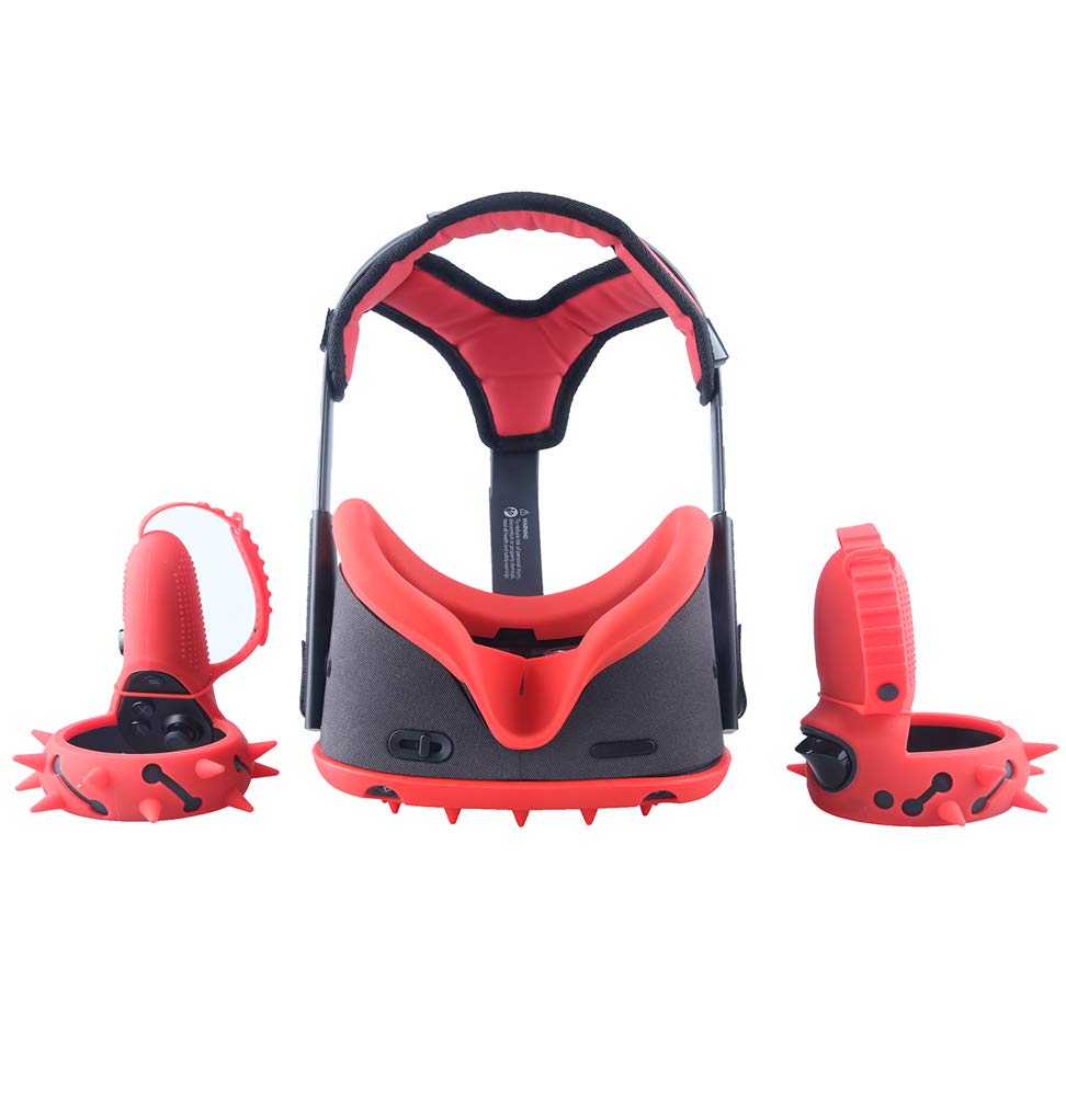 MASiKEN Premium Face Cover & Head Pad Cushion & Knuckle Strap & Head Cover for Oculus Quest Controller Skin Accessories, Protector Comfort Set, Shock-Resistant Sweatproof (Red)