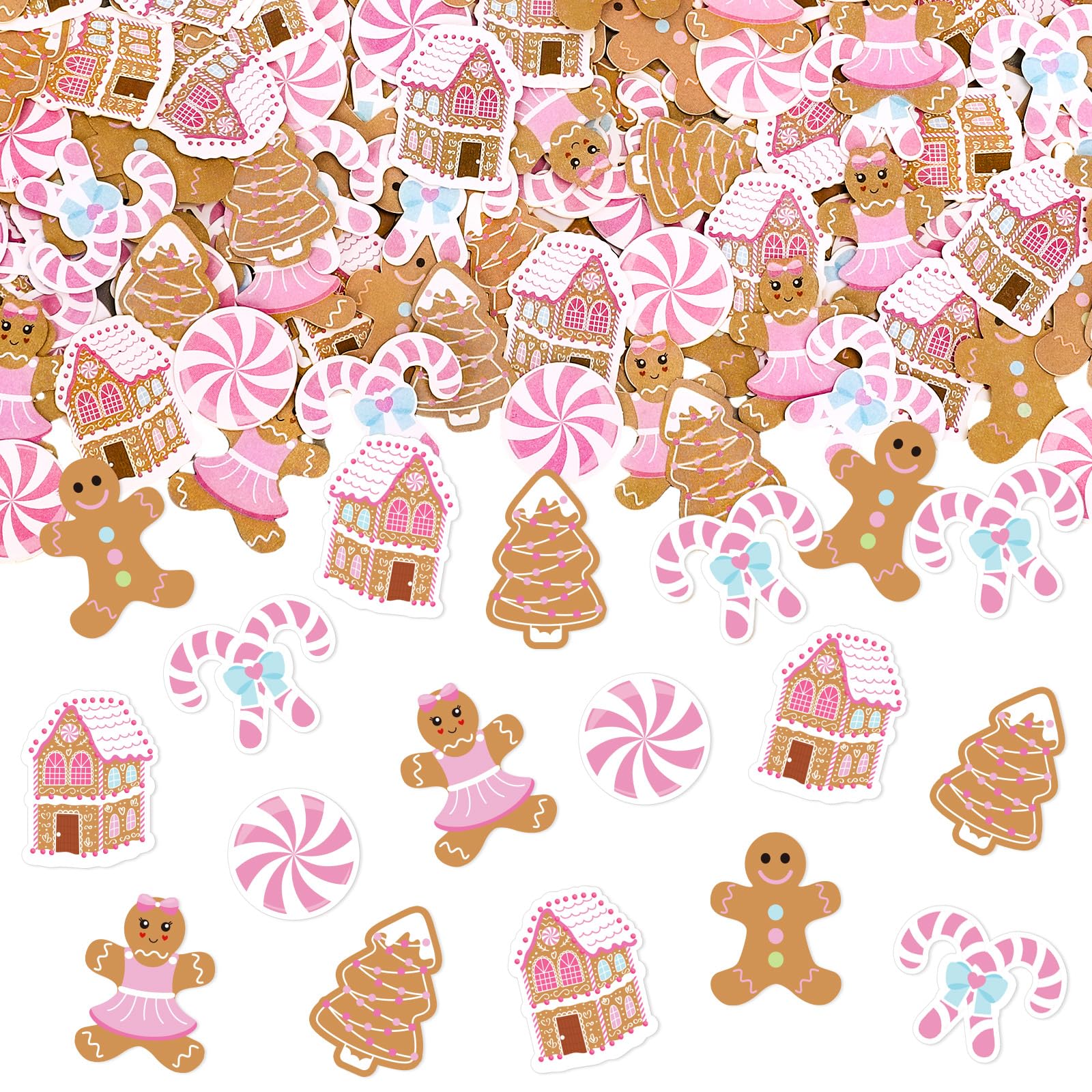 Whaline 270Pcs Pink Christmas Confetti Gingerbread Man Candy Xmas Tree Paper Confetti Table Confetti Decorations for Winter Holiday Baby Shower Birthday