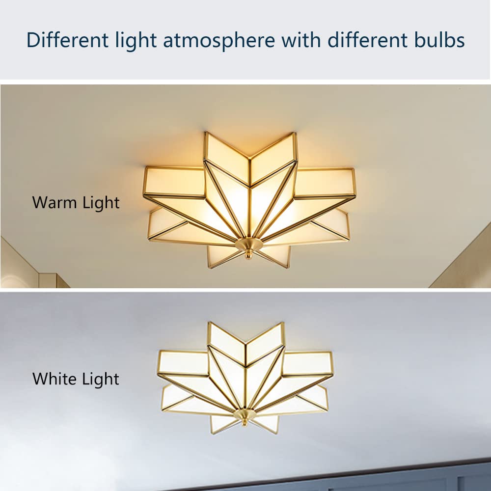 LITFAD Modern 4-Light LED Ceiling Lamp Beveled Frosted Glass Flush Mount Lighting Fixture Traditional Brass Star Close to Ceiling Light Decorative Pendant Light for Hotel Hall Bedroom Living Room
