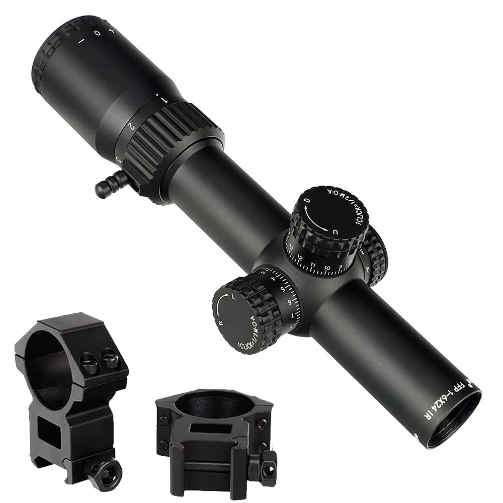 ohhunt 1-6x24 Rifle Scope First Focal Plane 1-6x FFP Scope Red Illuminated Reticle with Scope Rings 30mm Picatinny High Profile