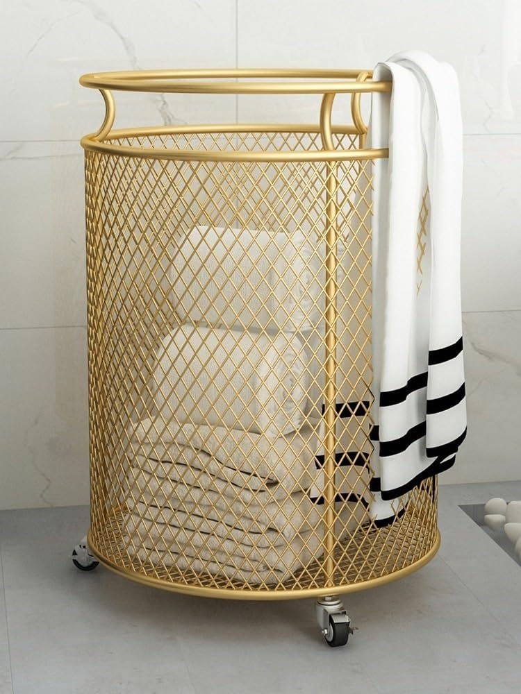 YDKJWB Metal Laundry Basket with Wheels, Round Mesh Dirty Clothes Hamper, Gold/Black/White Laundry Hamper, Storage Basket for Bathroom, Laundry Room, Living Room, Bedroom (Color : Gold)
