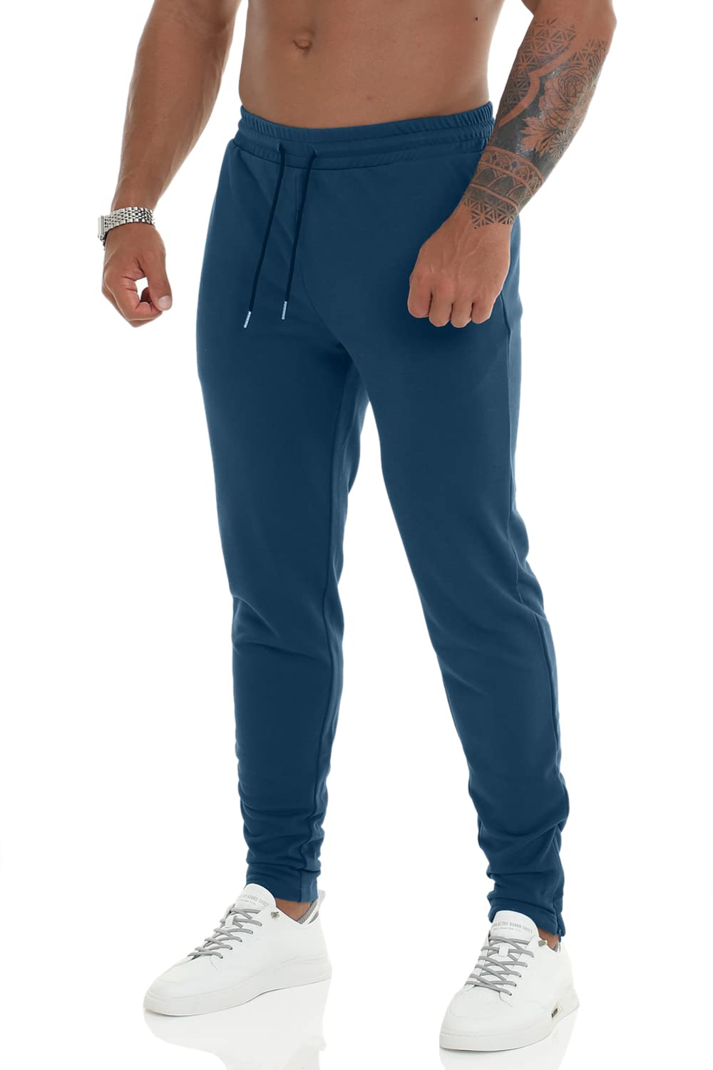 Ouber Men's Athletic Gym Workout Pants Running Tapered Joggers Sweatpants with Zipper Bottom Blue,S