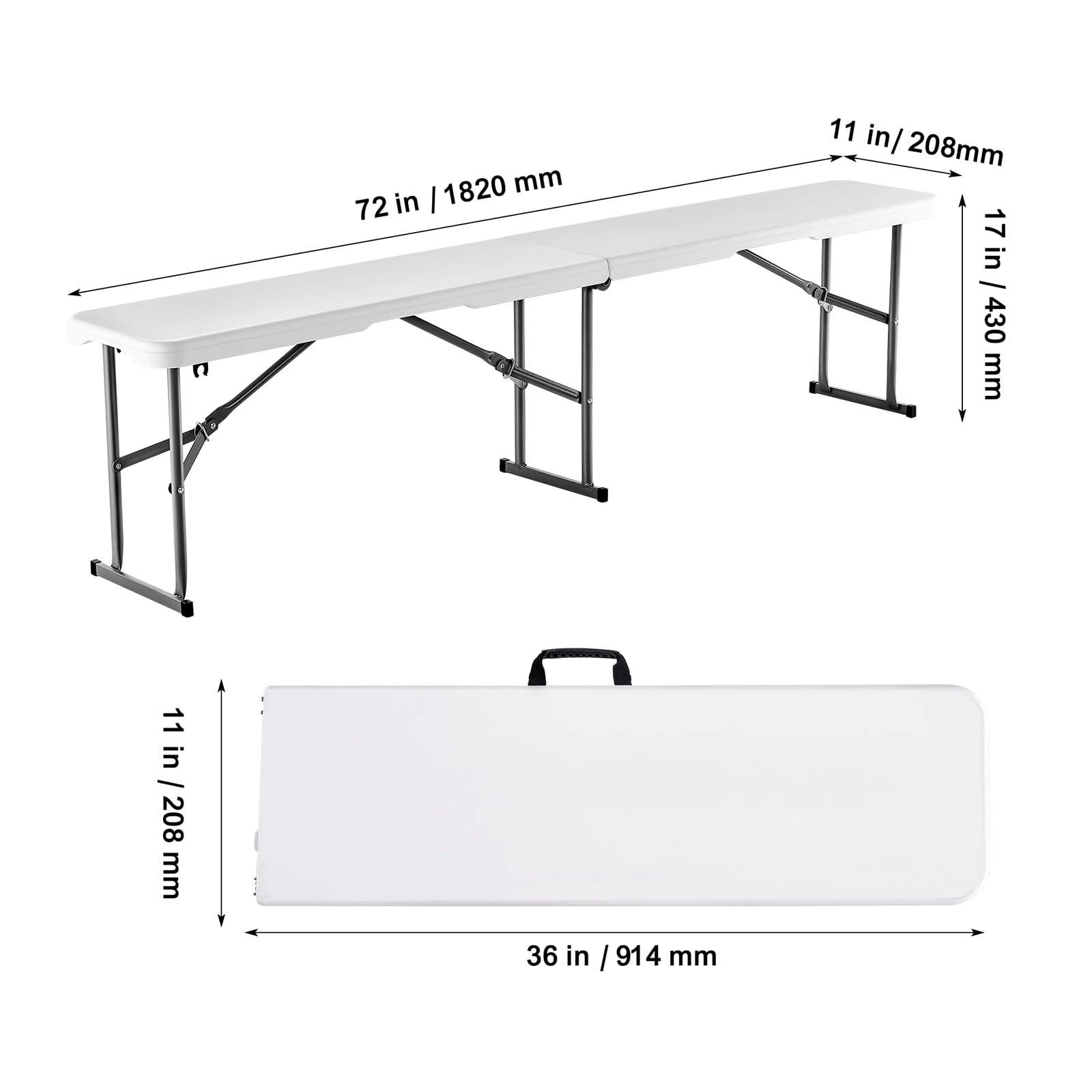 VEVOR Plastic Folding Bench, 6 FT Portable Folding Bench, Smooth HDPE Waterproof Outdoor Bench, Picnic Camping Dining Seat with Carrying Handle, for Garden Soccer Entertaining Activity, White (2 Pack)