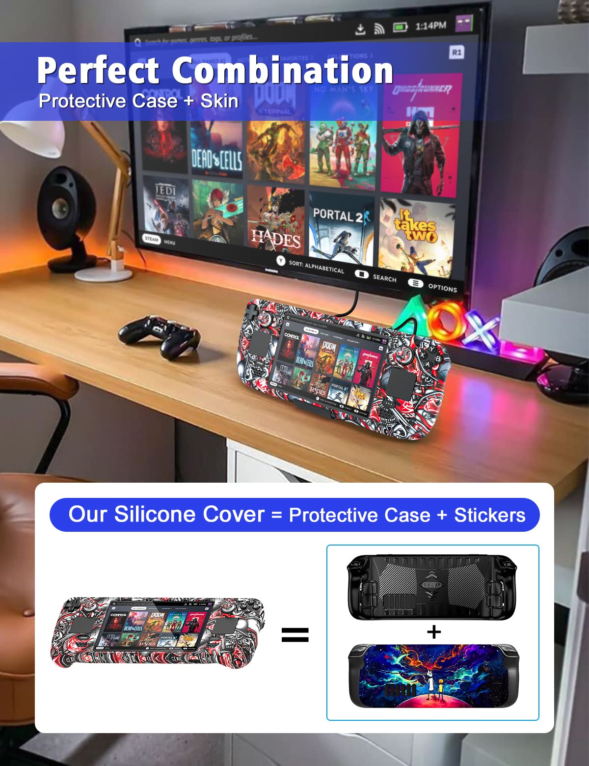 Relohas Case for Steam Deck/Steam Deck OLED, Accessories Set for Steam Deck, Silicone Cover Skin Shell, Stand Dock, Touch Skin Sticker and Thumb Grip, Anti-Slip Full Protection Kit(Black)
