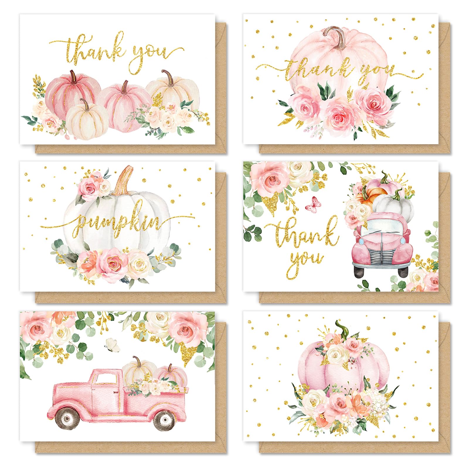 Whaline 36 Pack Fall Gold Foil Thank You Cards Pink Floral Pumpkin Greeting Cards Autumn Blank Note Cards with Stickers Envelopes for Thanksgiving Wedding Bridal Shower