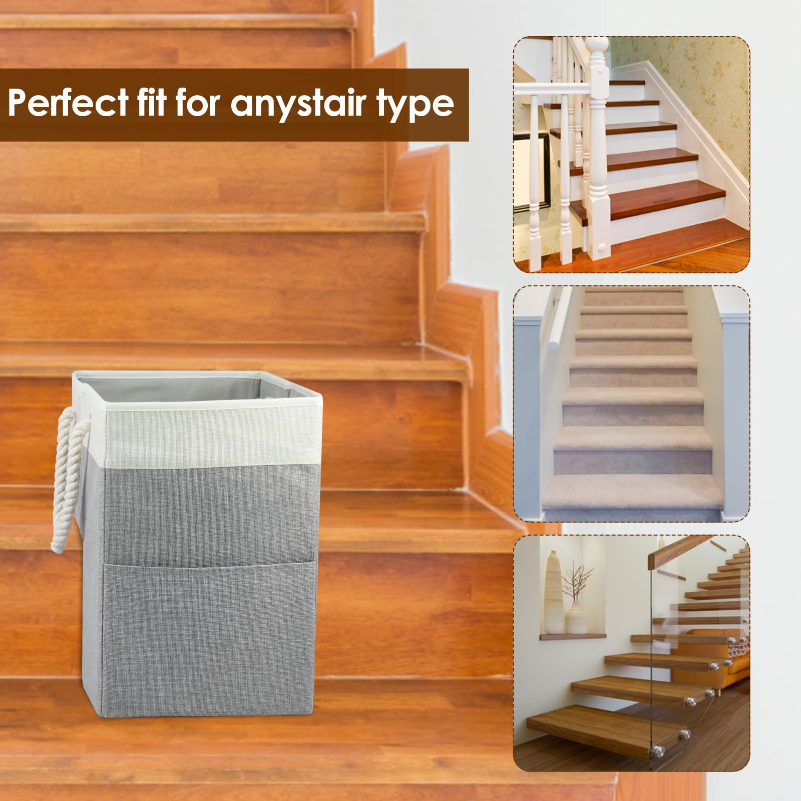 UKQRRTC Foldable Staircase Basket with Cotton Rope Handle and Side Pocket L-Shape Stair Step Organizer Linen Staircase Storage Organizer