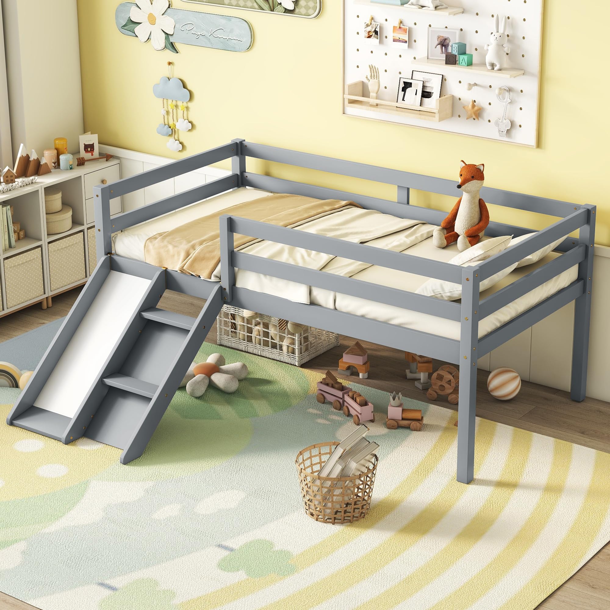 Twin Low Loft Bed with Slide, Ladder & Safety Guardrails, Wood Loft Bed Frame for Kids Teens Boys & Girls, No Box Spring Needed,Grey