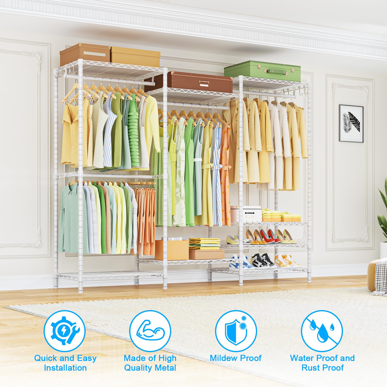 Ulif E13 Heavy Duty Clothes Rack(With 4 Hanger Rods & 8 Shelves) Freestanding Clothing Racks for Hanging Clothes,Adjustable Closet Organizer,Metal Garment Rack 63" W x16 D x77 H,Max Load 900LBS,White