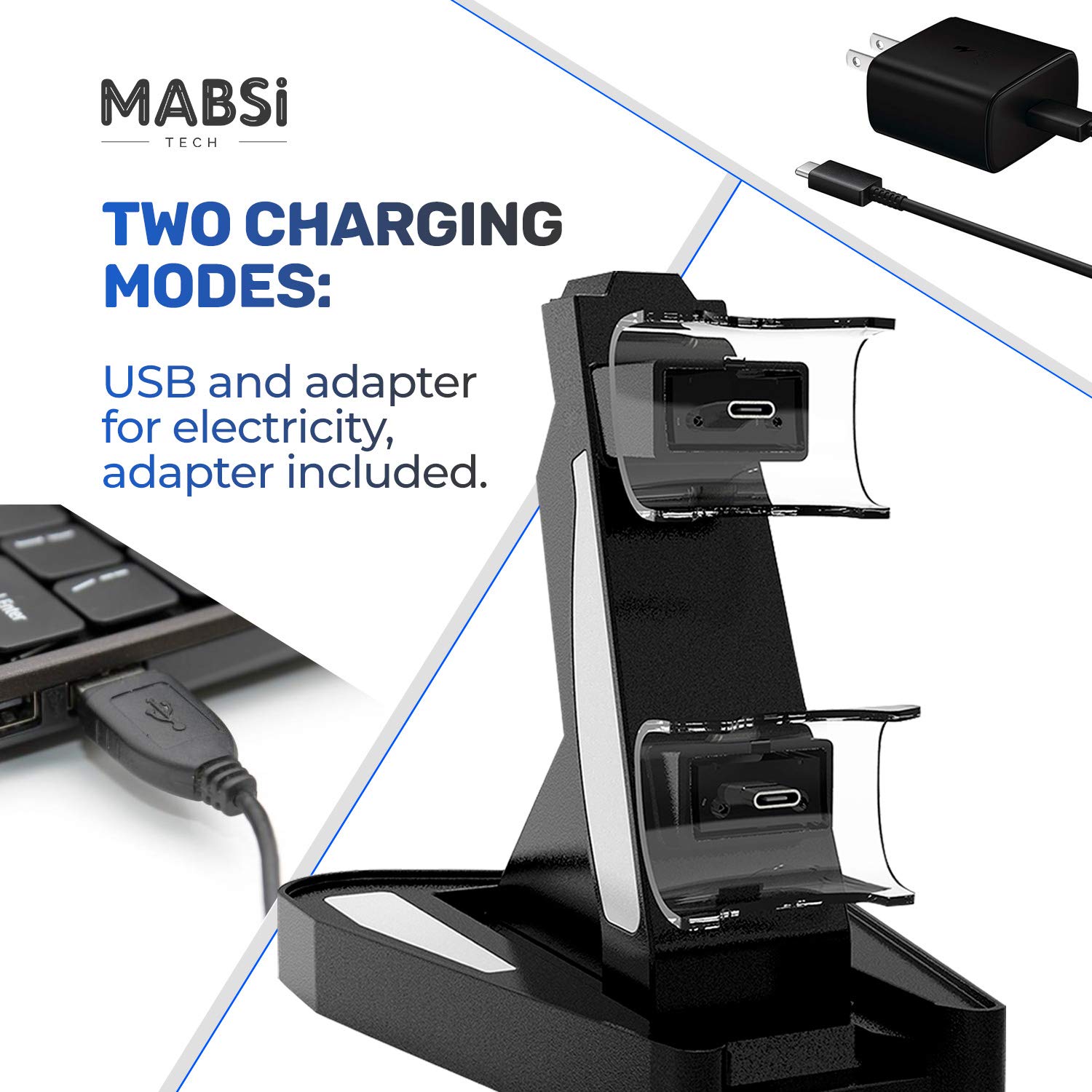 Mabsi Tech PS5 Dual Controller Charger, Charging Dock for PlayStation 5 / PS5 Fast Charging Station with LED Indicator - PS5 Accesories