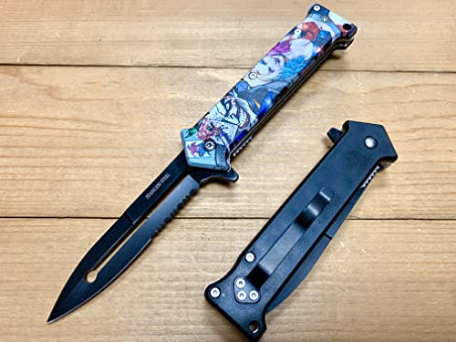 Super Knife 8 inch Joker Harley Quinn Tactical Spring Assisted Folding Pocket Knife EDC Open Blade w/Pocket Clip. 3D Print Handle