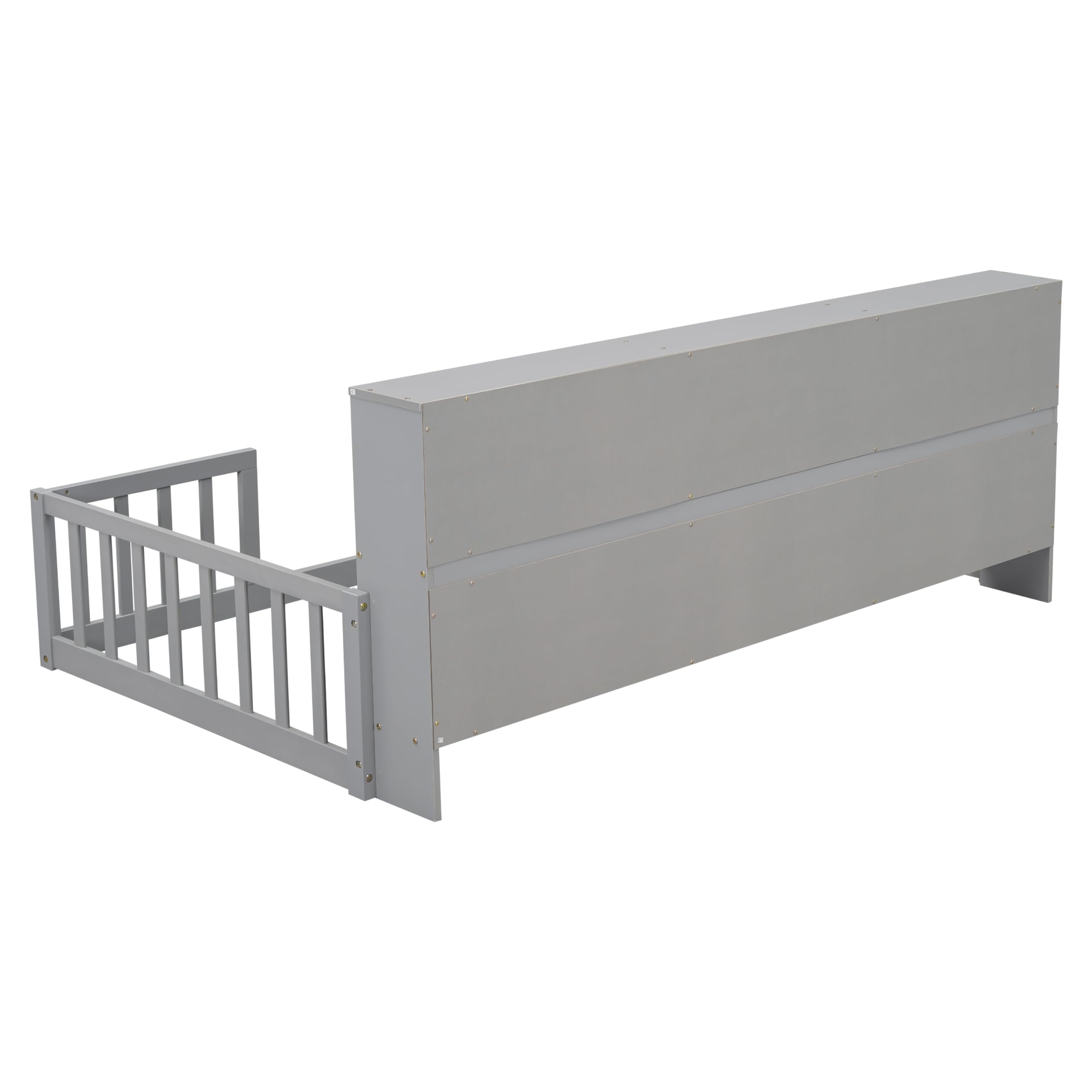Twin Size Floor Bed with Bedside Bookcase and Shelves, Multifunctional Platform Bed with Guardrails, Wood Captain Bed with Storage Headboard, Low Floor Bed for Kids Teens (White * Twin,Guardrails)