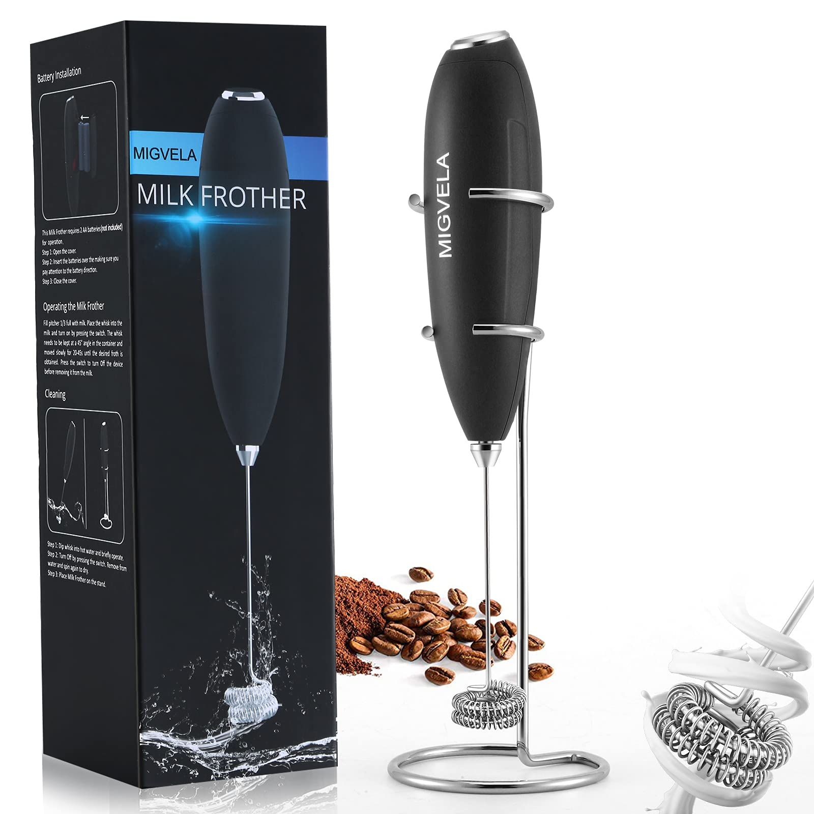 MIGVELA Coffee Milk Frother Handheld Electric Double Whisk Drink Mixer Battery Operated One-Button Hand Held Mini Foam Maker with Stand for Coffee Latte Cappuccino Hot Chocolate (Black)