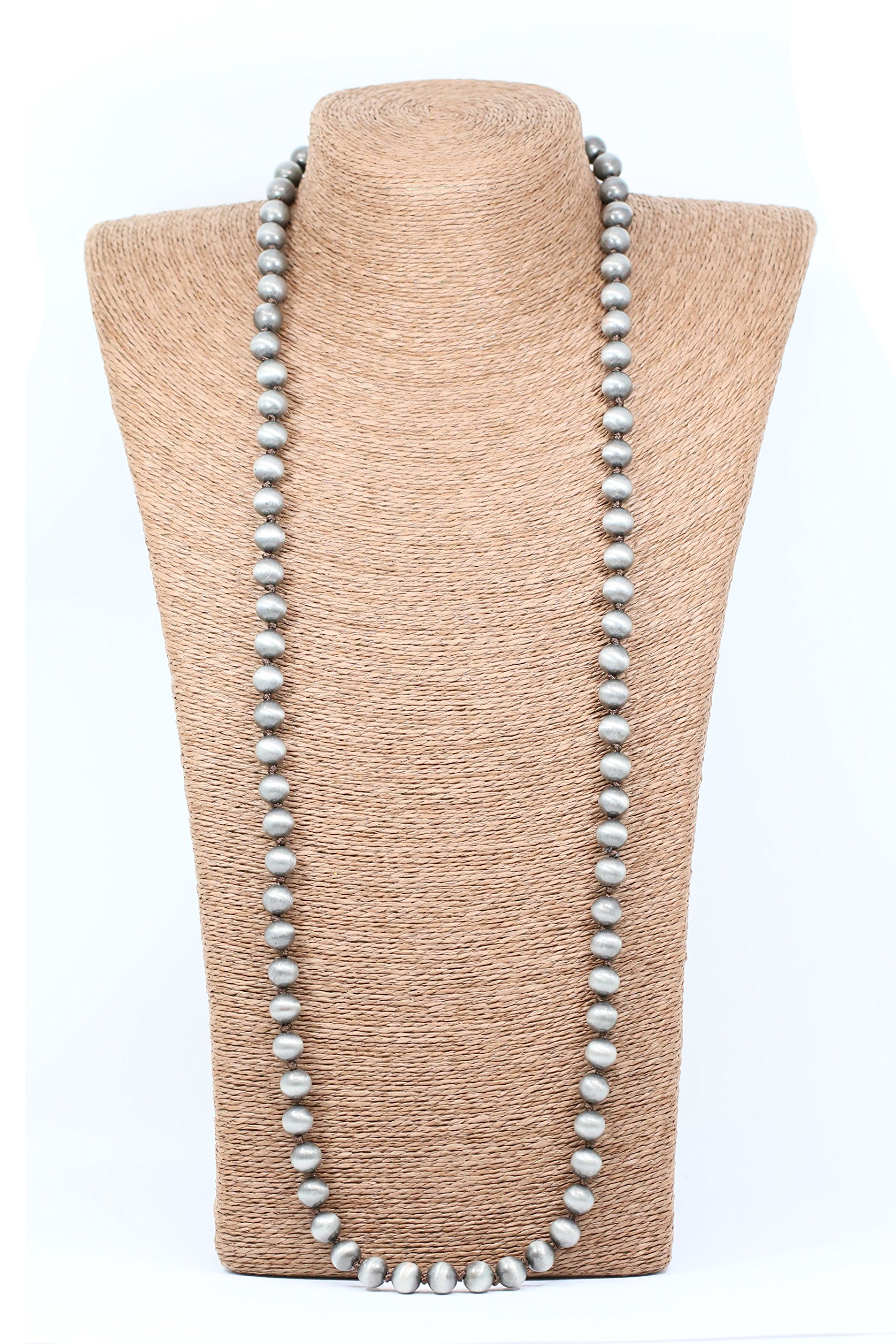 Lovely Bead Handmade Smooth Double Knotted Silver Navajo Pearl Necklace (60 Inches, 10mm)