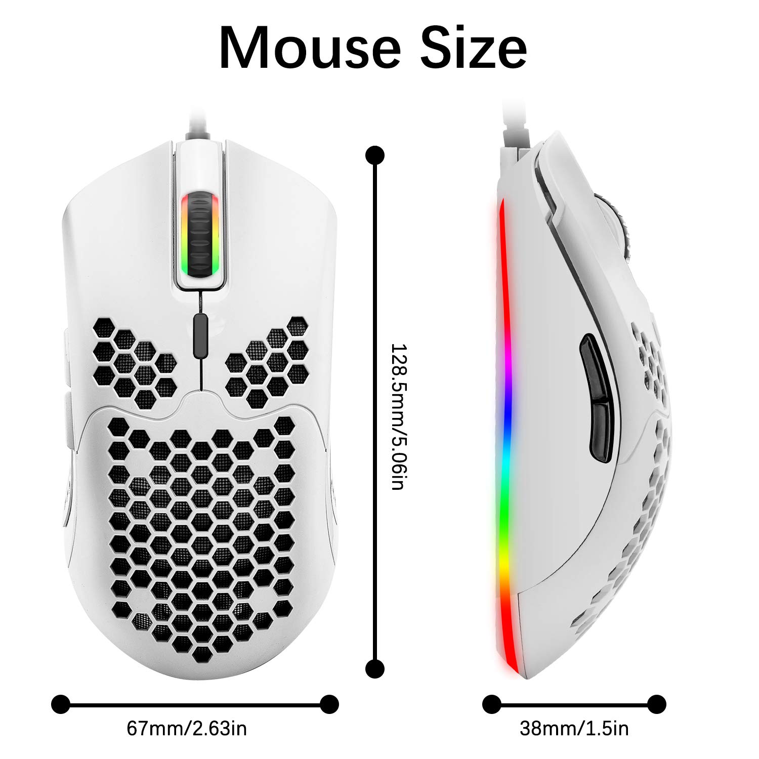 Lightweight Wired Gaming Mouse with 7 Button 26RGB Backlit Programmable Driver PAW3325 12000 DPI Optical Sensor Ultralight Ergonomic 65G Honeycomb Shell Ultraweave Cable for PC Xbox PS4 Gamer(White)