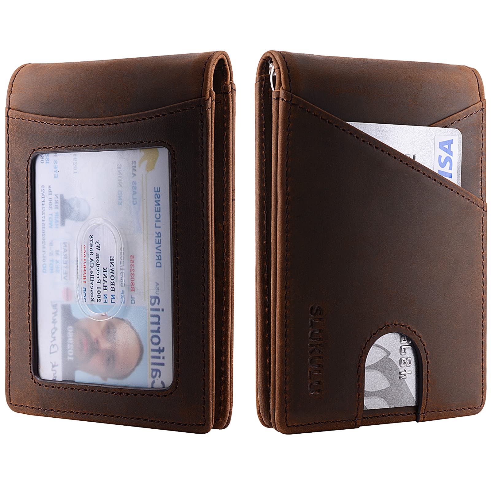 SLUKULU Leather Wallets for Men with Money Clip, Minimalist Bifold Wallet with 10 Card Slots and 1 ID Window ,RDIF Blocking Slim Wallet with Gift Box.
