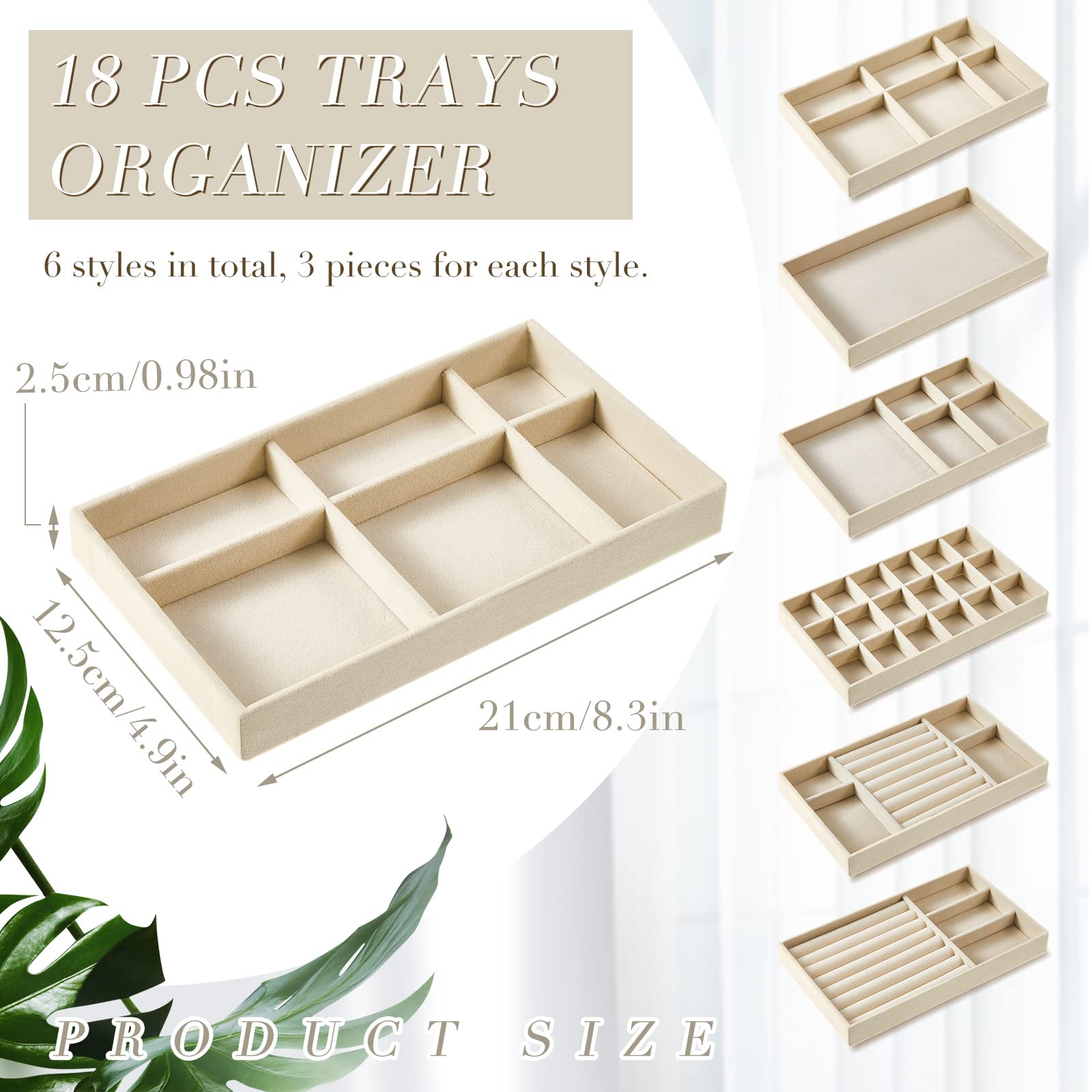 Junkin 18 Pcs Velvet Jewelry Tray Stackable Jewelry Drawer Organizer Dresser Inserts Closet Jewelry Box Divided Display Tray for Bracelet Brooch Necklace Ring Earring Watch Bangle (Beige)