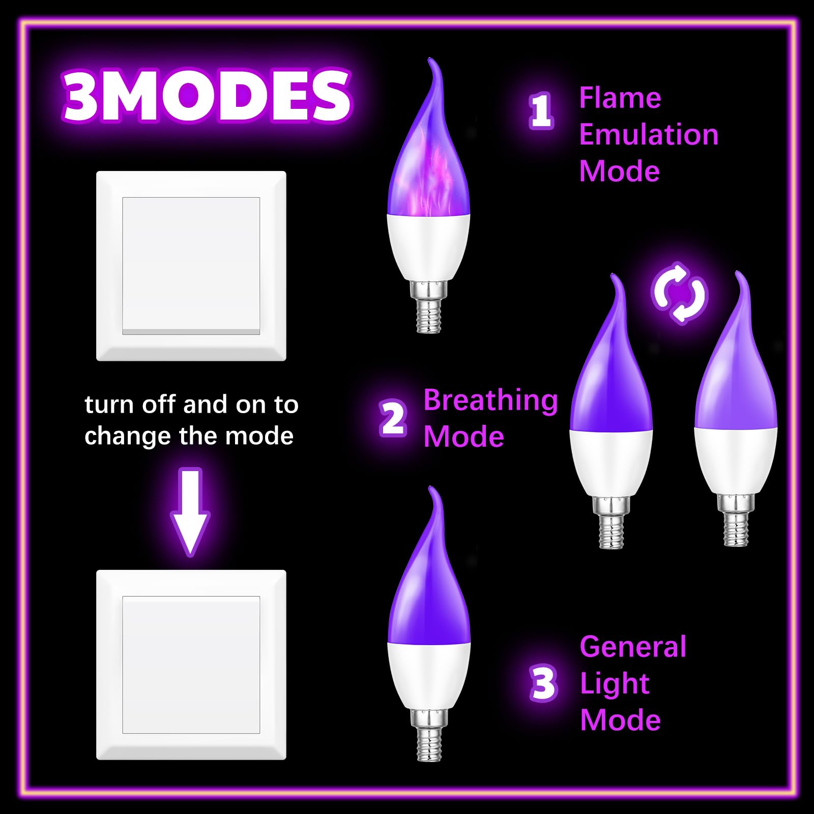 VIHOSE 4 Pcs E12 LED Flame Light Bulbs 3 Mode Flickering Fire Light Bulb E12 Candelabra Chandelier Base Candle Flame Lamp Halloween Christmas Party Porch Indoor Outdoor, 1.2 W, 1800 K(Purple, Orange)