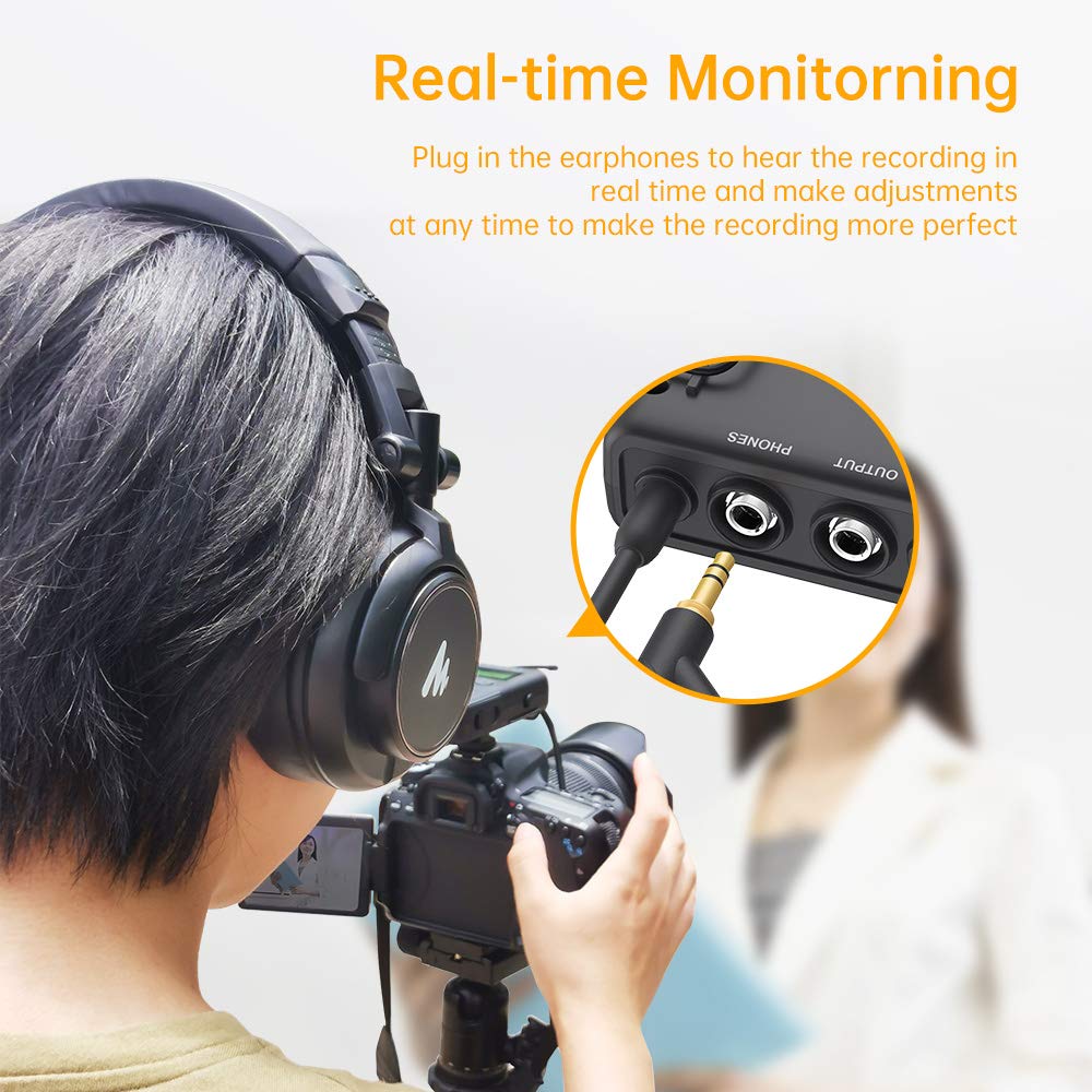 MAONO Wireless Lavalier Microphone System, Lapel Mic with -10dB Attenuation and Low Cut, Real-time Audio Monitoring, 48-Channel and Mute Compatible with Canon Nikon Sony DSLR, Camcorders(AU-WM730)
