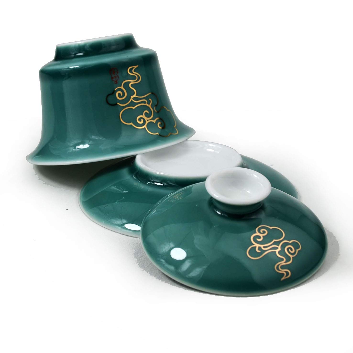 Porcelain Gaiwan 5oz /150ml Teacup White Glazed Classical Chinese Auspicious Clouds Tea Cup Tureen Sancai Cover Bowl Lid Cup Saucer Set (Green)