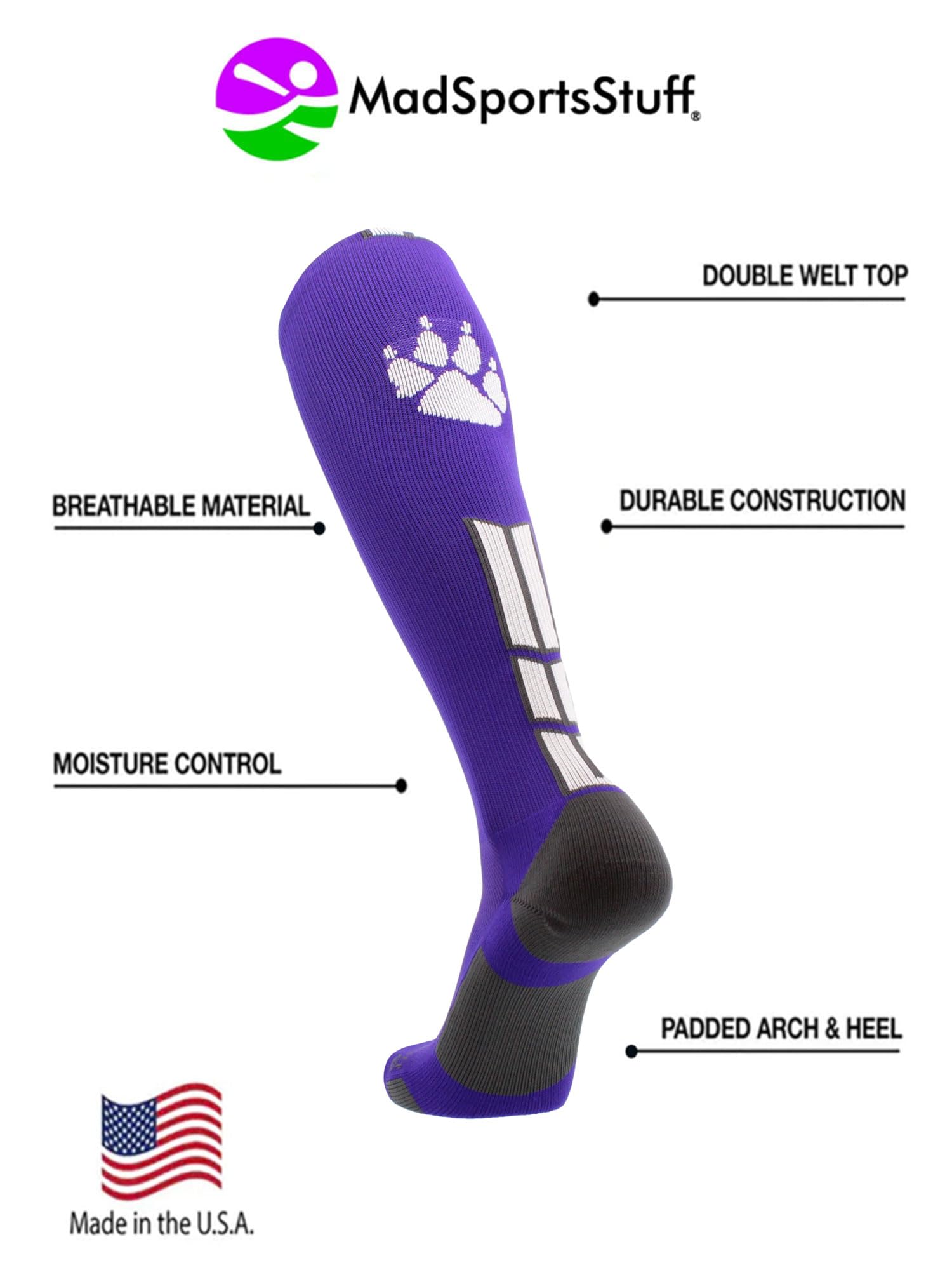 MadSportsStuff Wild Paw Over the Calf Socks (Purple/White/Graphite, Small)