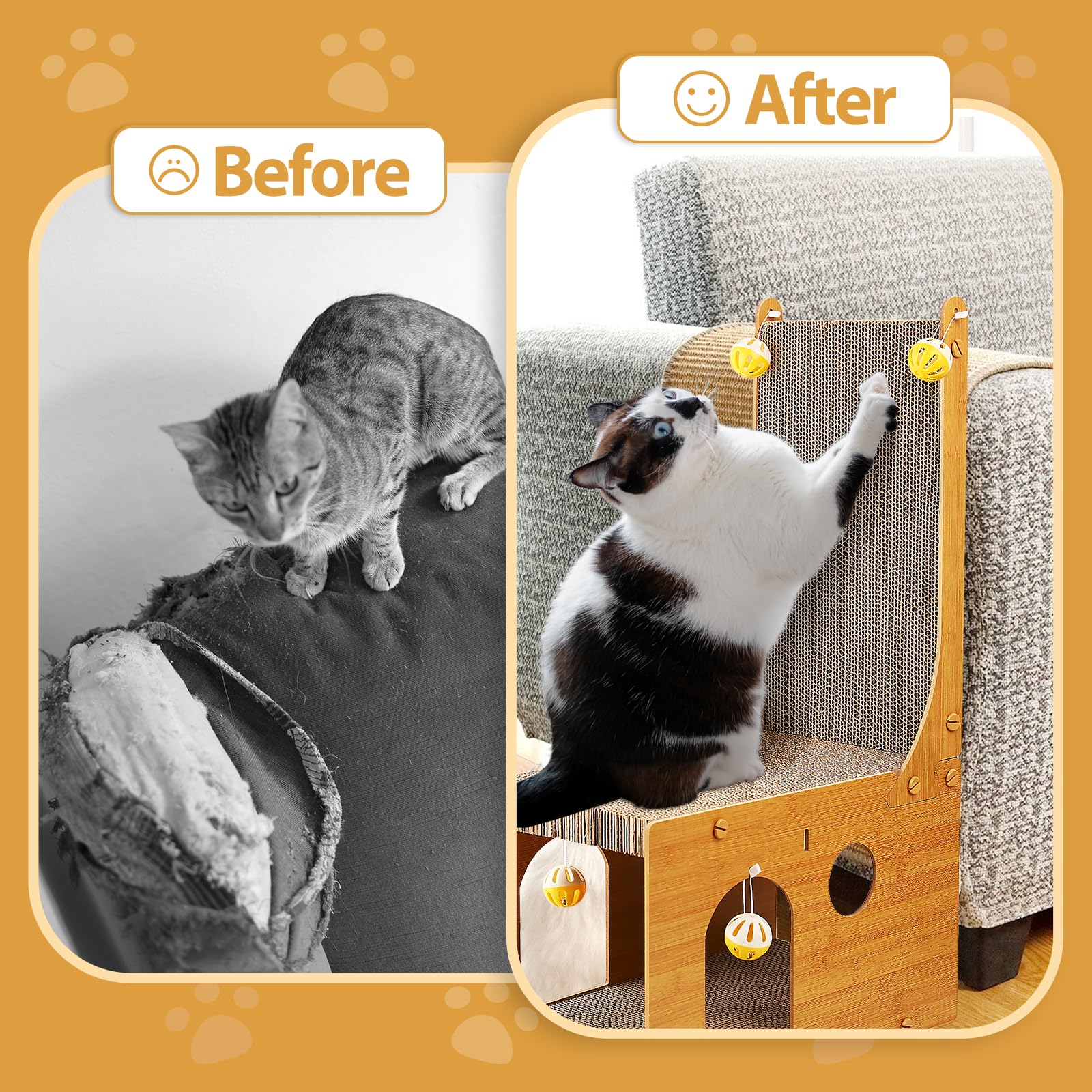 YEMOO Cat Scratcher, Cat Scratching Board, L Shaped Vertical Cat Scratcher for Wall and Couch Protection, Cat Scratching Board with 4 Cat Ball Toys for Indoor Cats