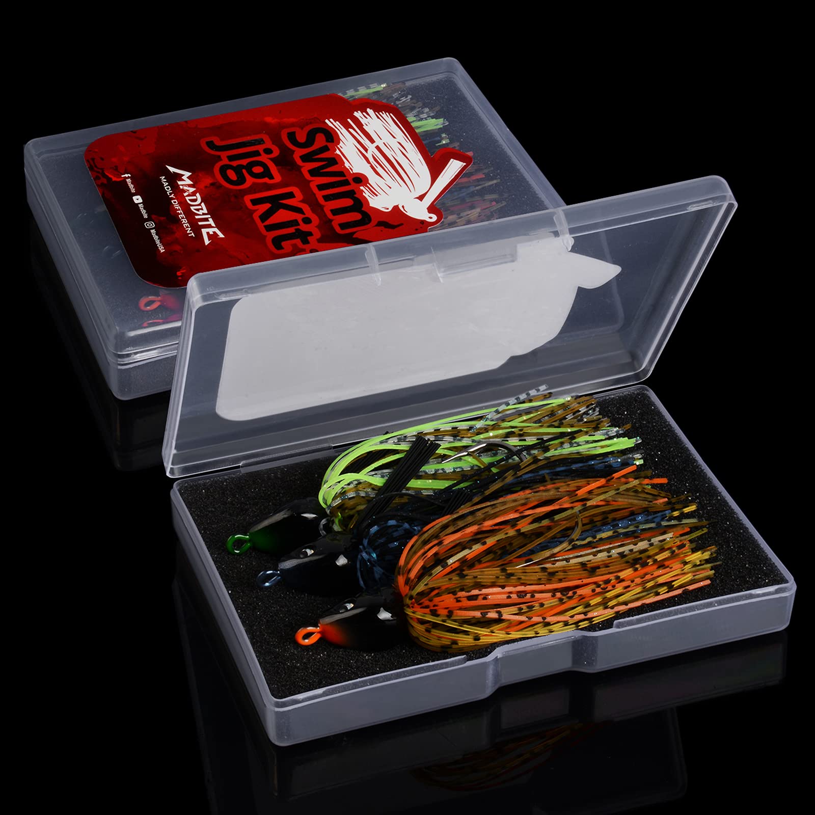 MadBite Swim Jig Fishing Lures, Heavy Brush Guard, Silicone Skirt, Sticky-Sharp Heavy-Wire Needle Point Hooks, Popular 3/8 oz Sizes, 3 pc Multi-Color Kits, includes Storage Box, Muddy Water