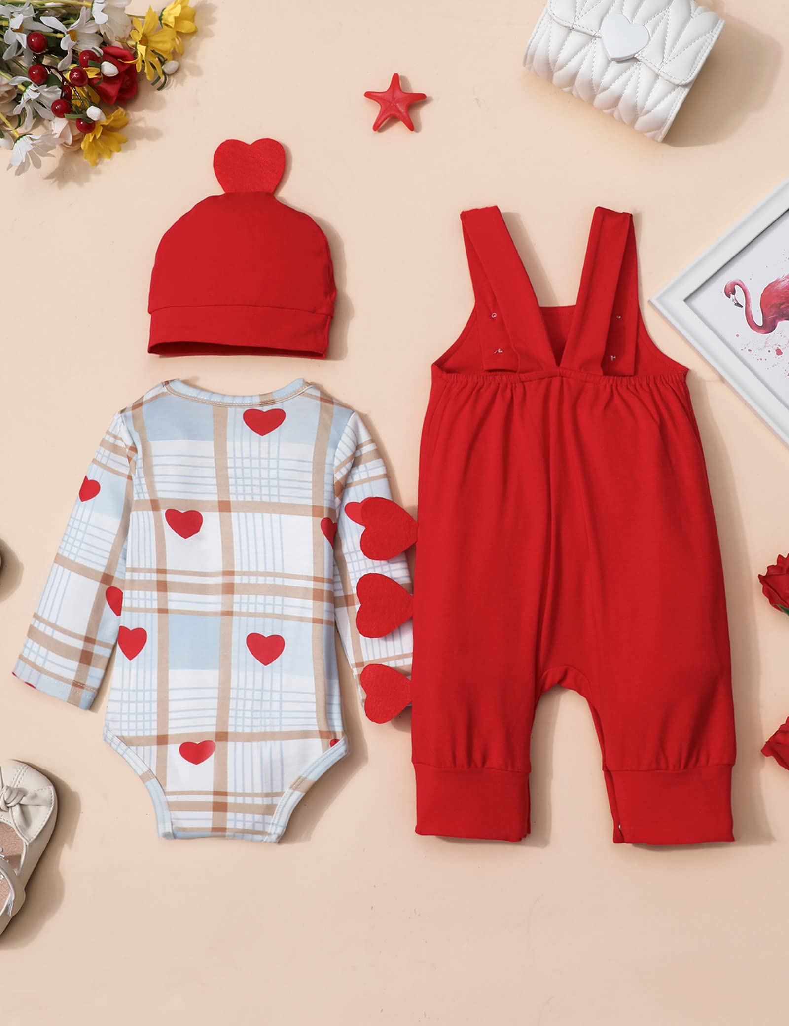 Tomolant toddler boy valentines day outfit love pattern plaid long sleeve romper +red jumpsuit +hat 3PCS valentines boy outfit