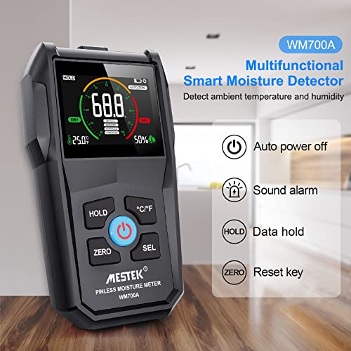 Pinless Moisture Meter, MESTEK Wood Moisturer Meter for Non-Destructive Moisture Detection in Lumber Drywall Firewood Masonry Plaster Floor Concrete Building with Color LCD Sound Alarm