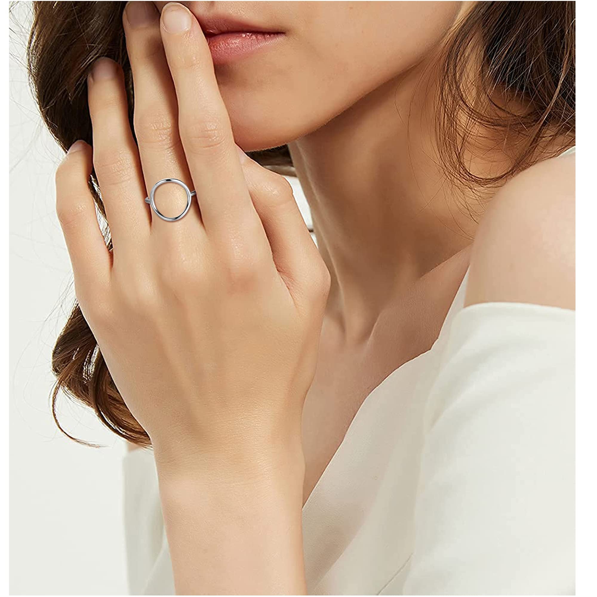 MILACOLATO 925 Sterling Silver Ring for Women 18K White Gold Plated Open Circle Karma Rings Polished Fashion Simple Plain Stackable Statement Promise Rings Comfort Fit Size 9