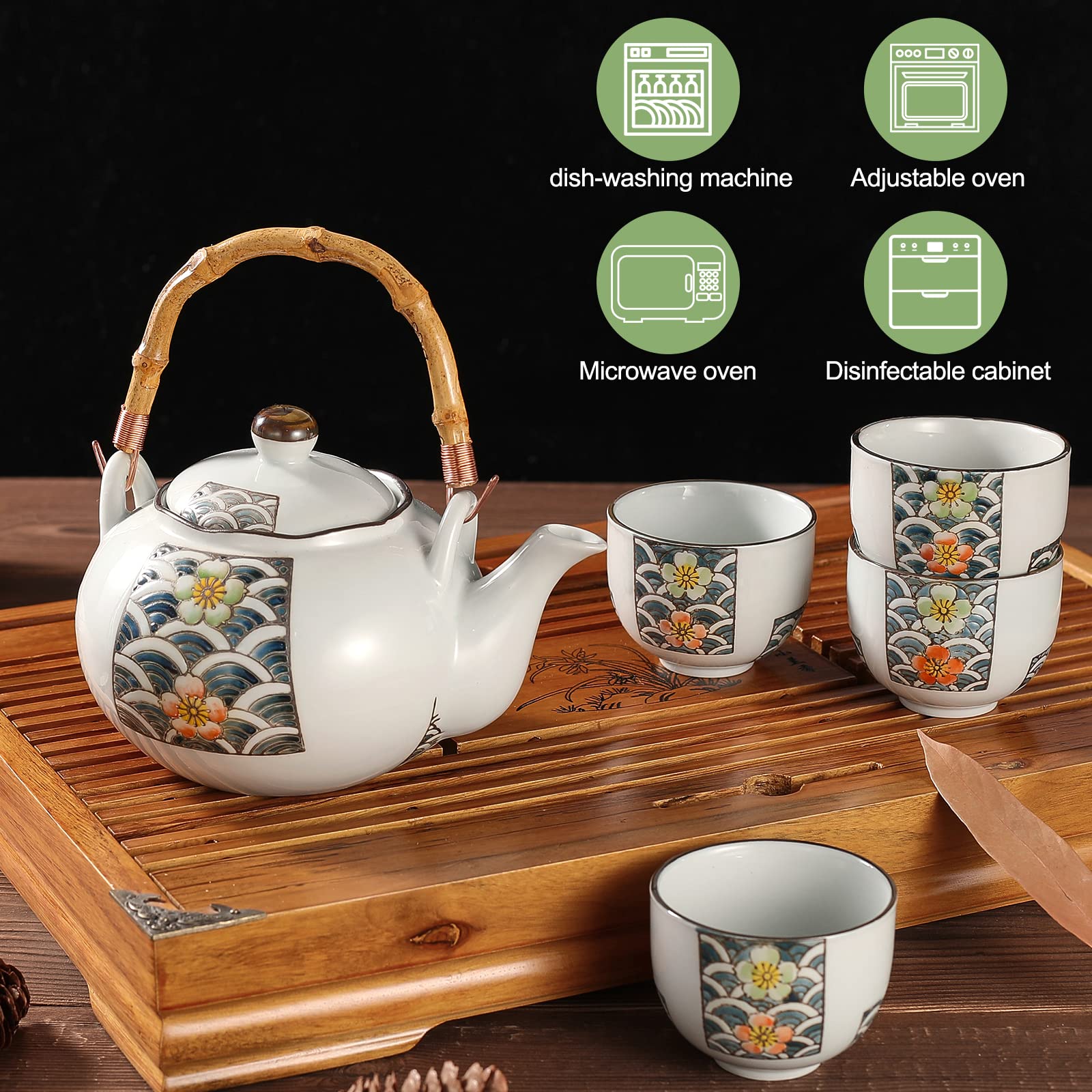 Junrutc Japanese Tea Set, Pottery Teapot Set of 5, 1 Teapot 4 Tea Cups 1 Stainless Infuser Cute Asian Tea Set for Tea Lover/Women/Men (25 oz)