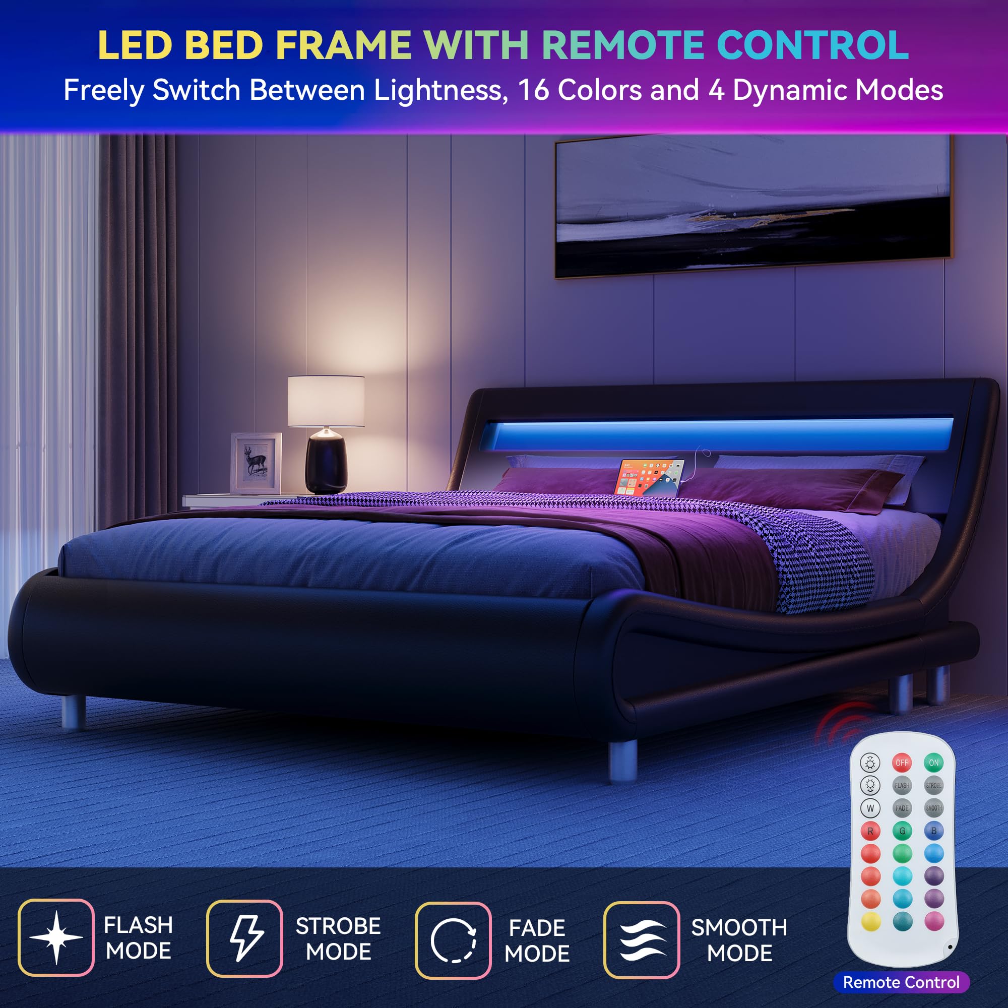 YITAHOME Queen Bed Frame with Ergonomic Headboard,Upholstered Led Bed Frame with Lights & Storage Charging Station,Platform Bed Frame with Premium Pu Leather/No Box Spring Needed,Black